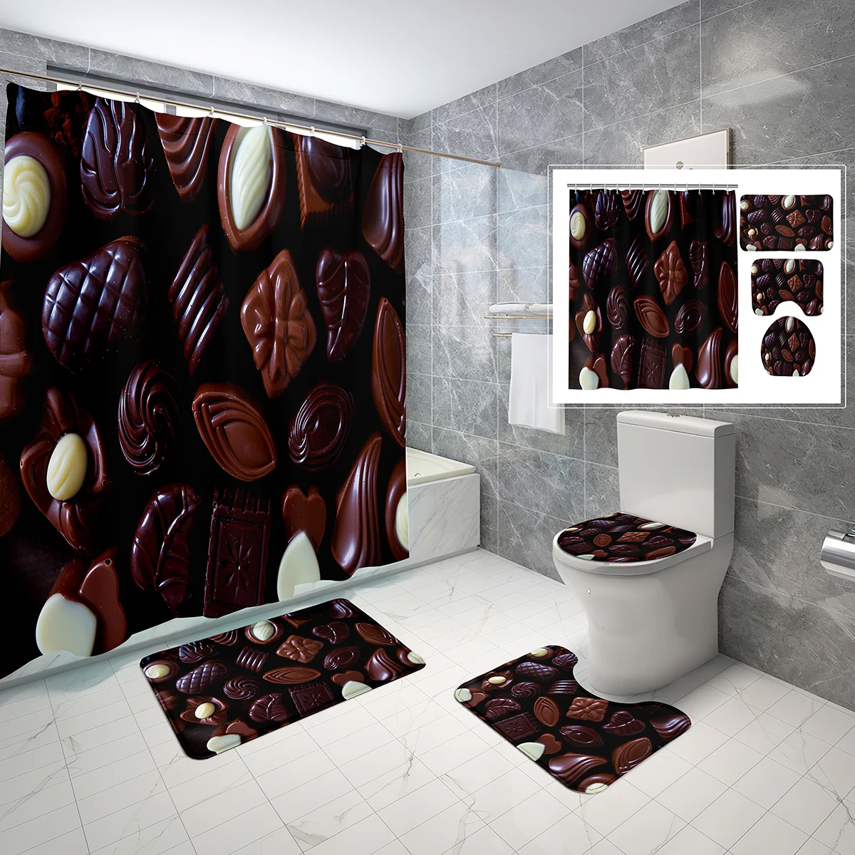 4 Pcs Chocolate Shower Curtain Sets with Toilet Lid Cover and Non-slip ...