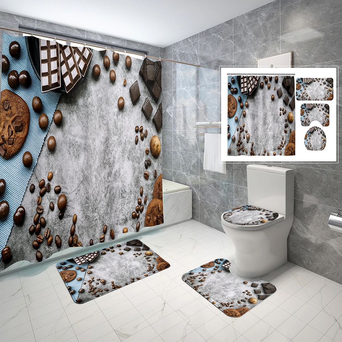 4 Pcs Chocolate Shower Curtain Sets with Toilet Lid Cover and Non-slip ...