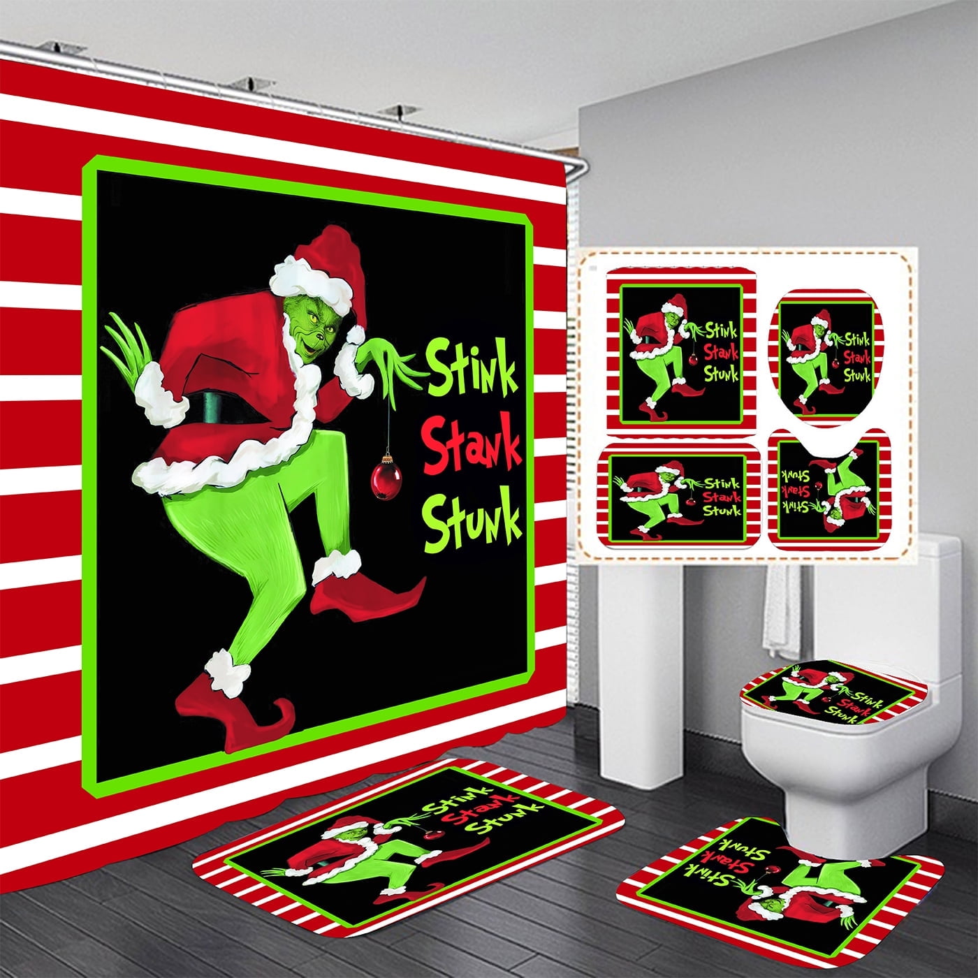 4 Pcs Christmas Bathroom Set Christmas Shower Curtain with Rugs, Toilet ...