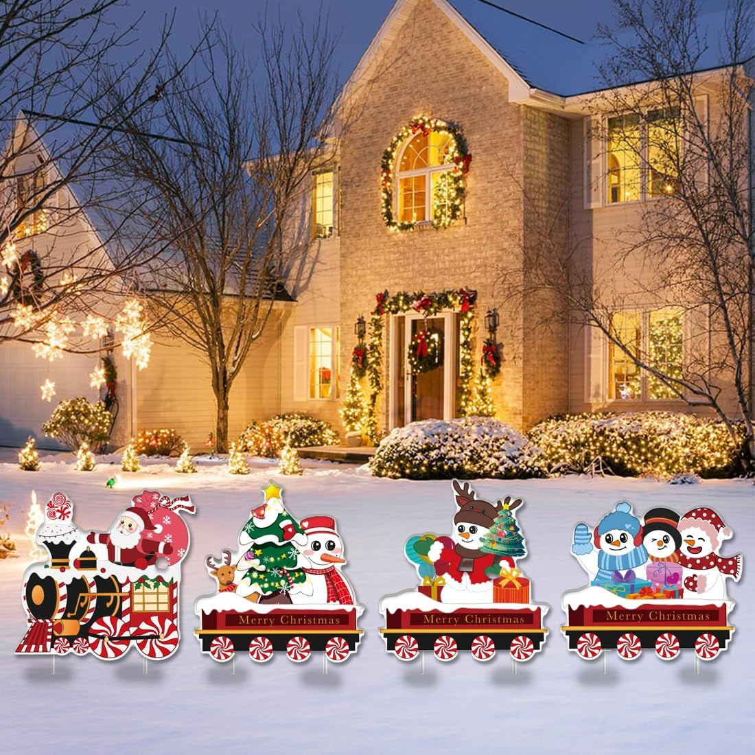 4 Pcs Christmas Decorations Outdoor Yard Signs Train Santa Snowman ...