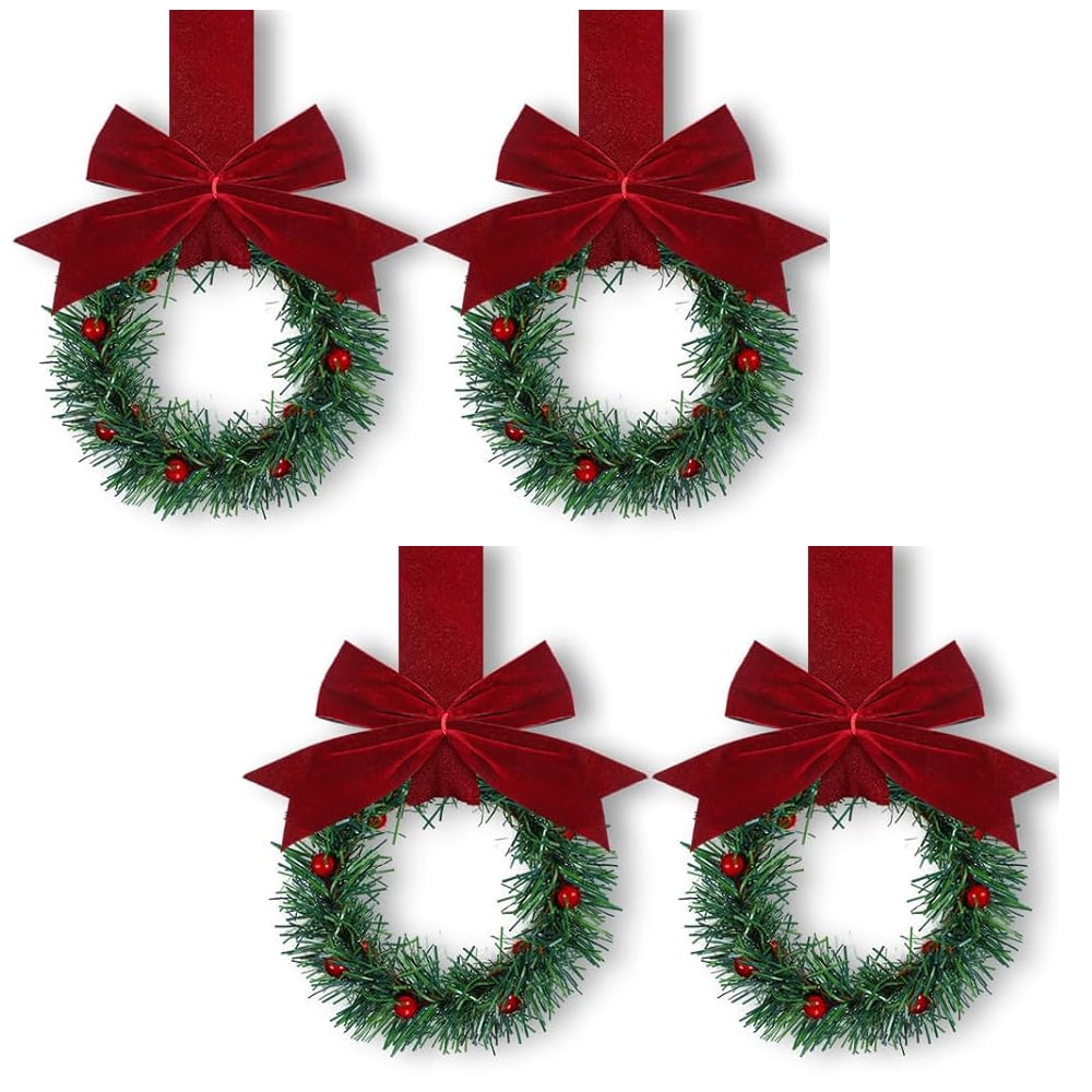 4 Pcs Christmas Kitchen Cabinet Wreaths with Ribbon, Mini Christmas ...