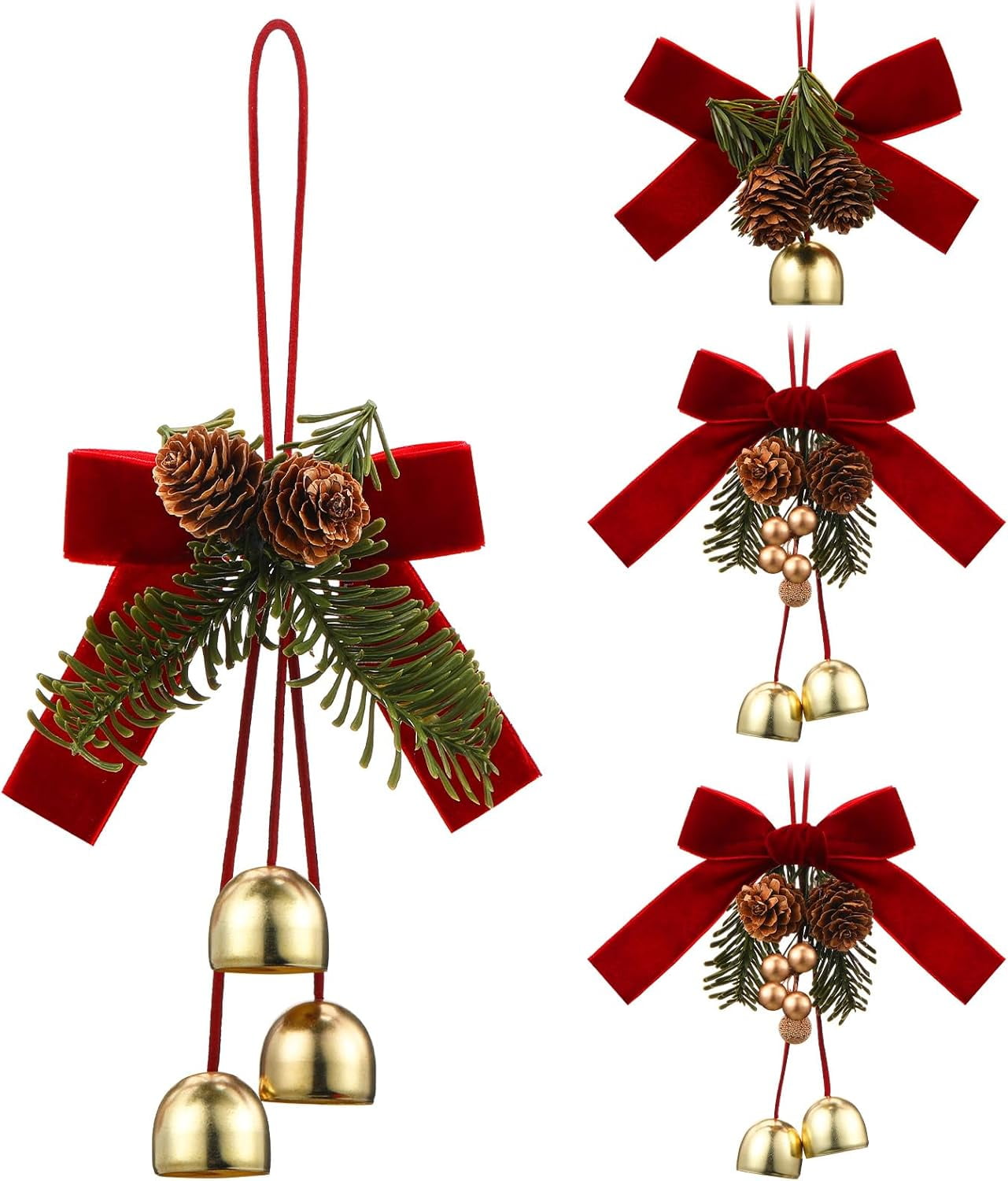 4 Pcs Christmas Red Velvet Bow with Bells Xmas Tree Bow Jingle Bells ...