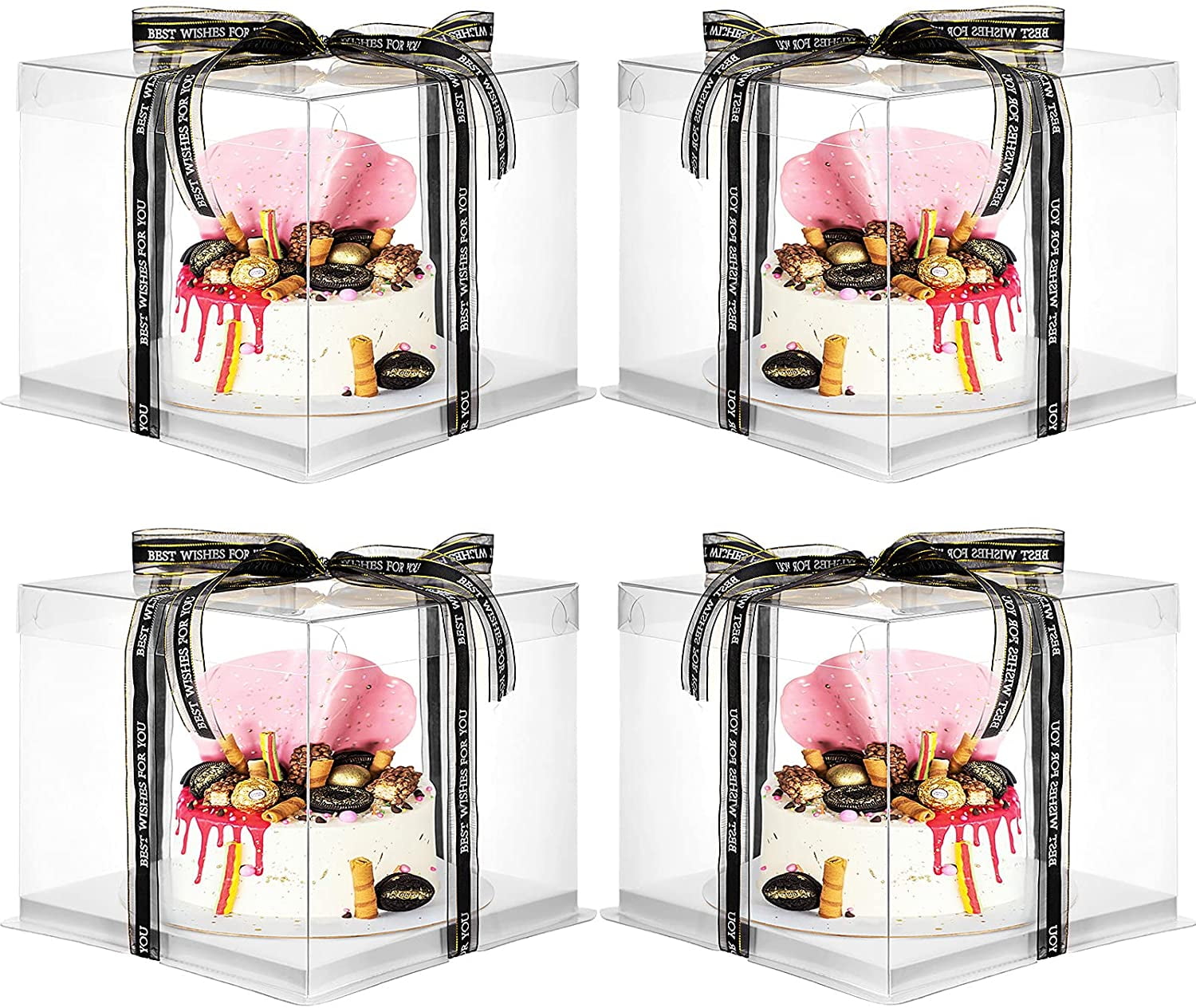 4 Pcs Clear Cake Box with Ribbon 10 x 10 x 9 Inch Transparent Tall Cake ...