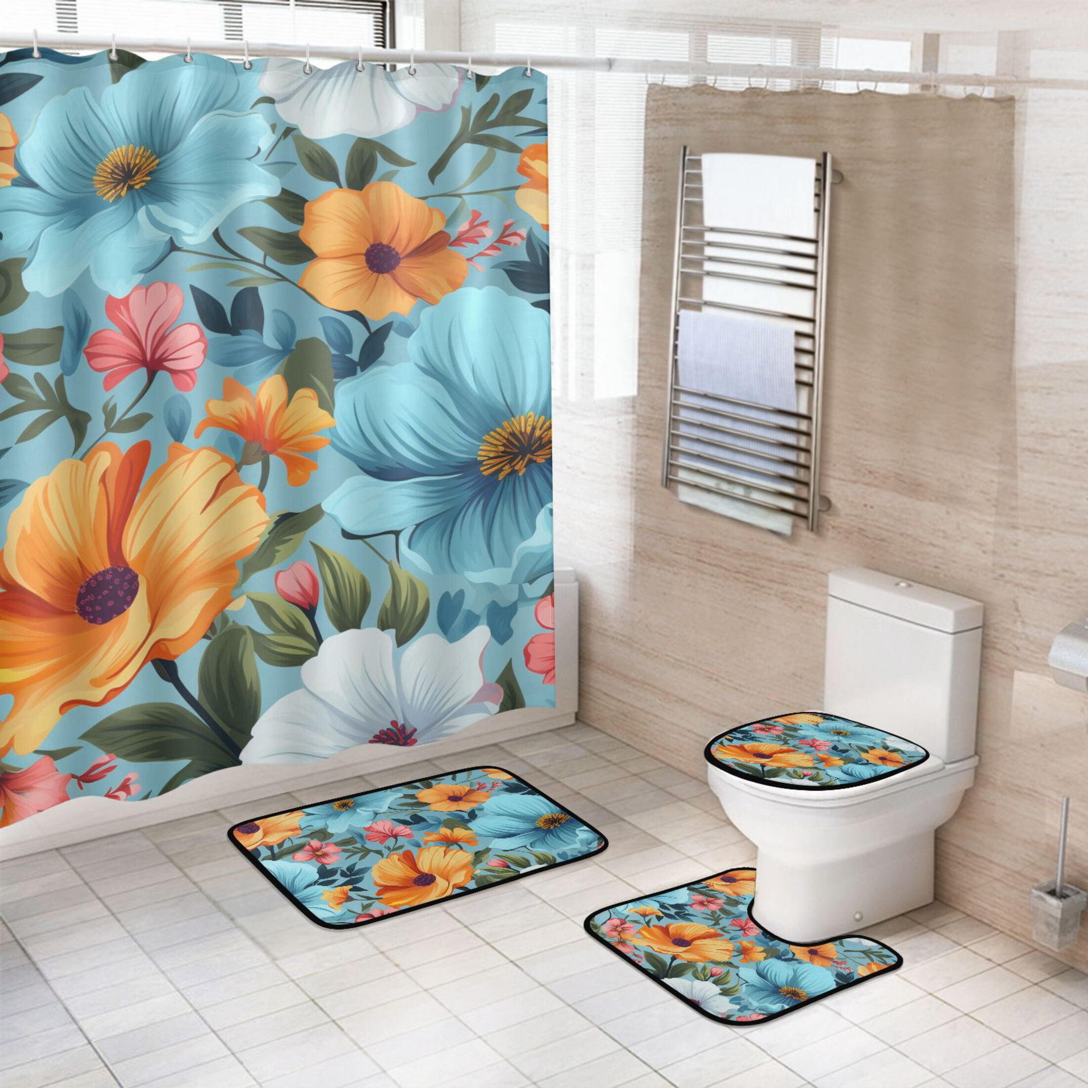 4 Pcs Clorful Beautiful Floral Bathroom Shower Curtain Set with 12 ...