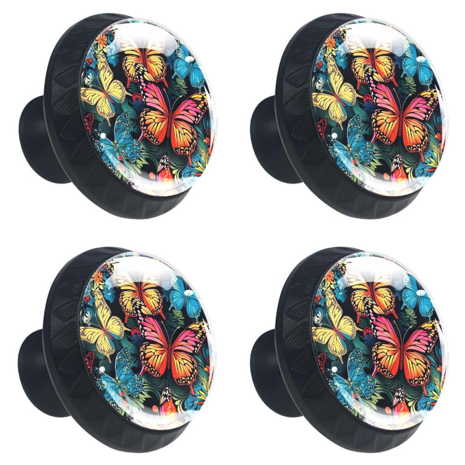 4 Pcs Colorful Flying Butterfly Print Cabinet Knobs 30mm Round Crystal ...