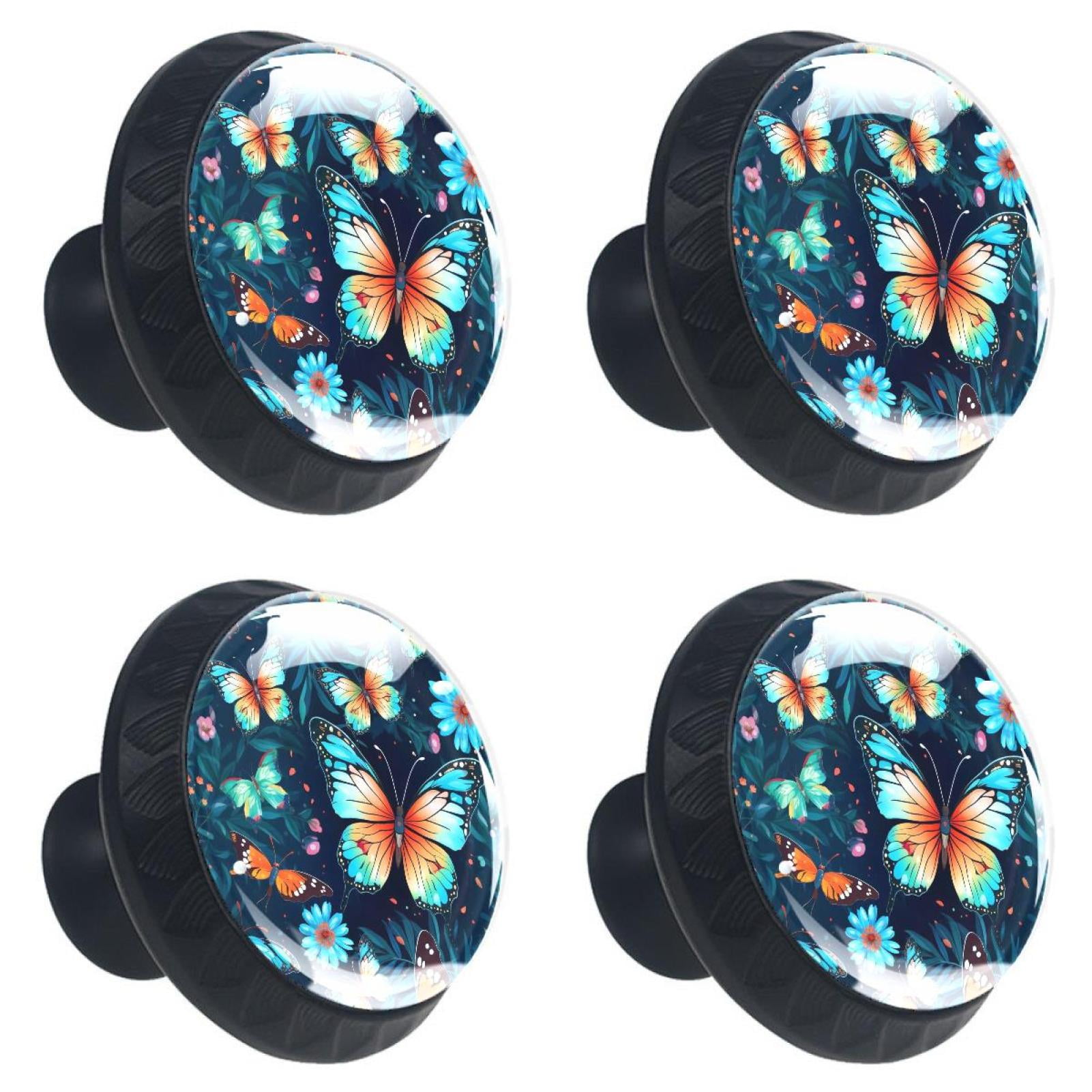 4 Pcs Colorful Flying Butterfly Print Cabinet Knobs 30mm Round Crystal ...