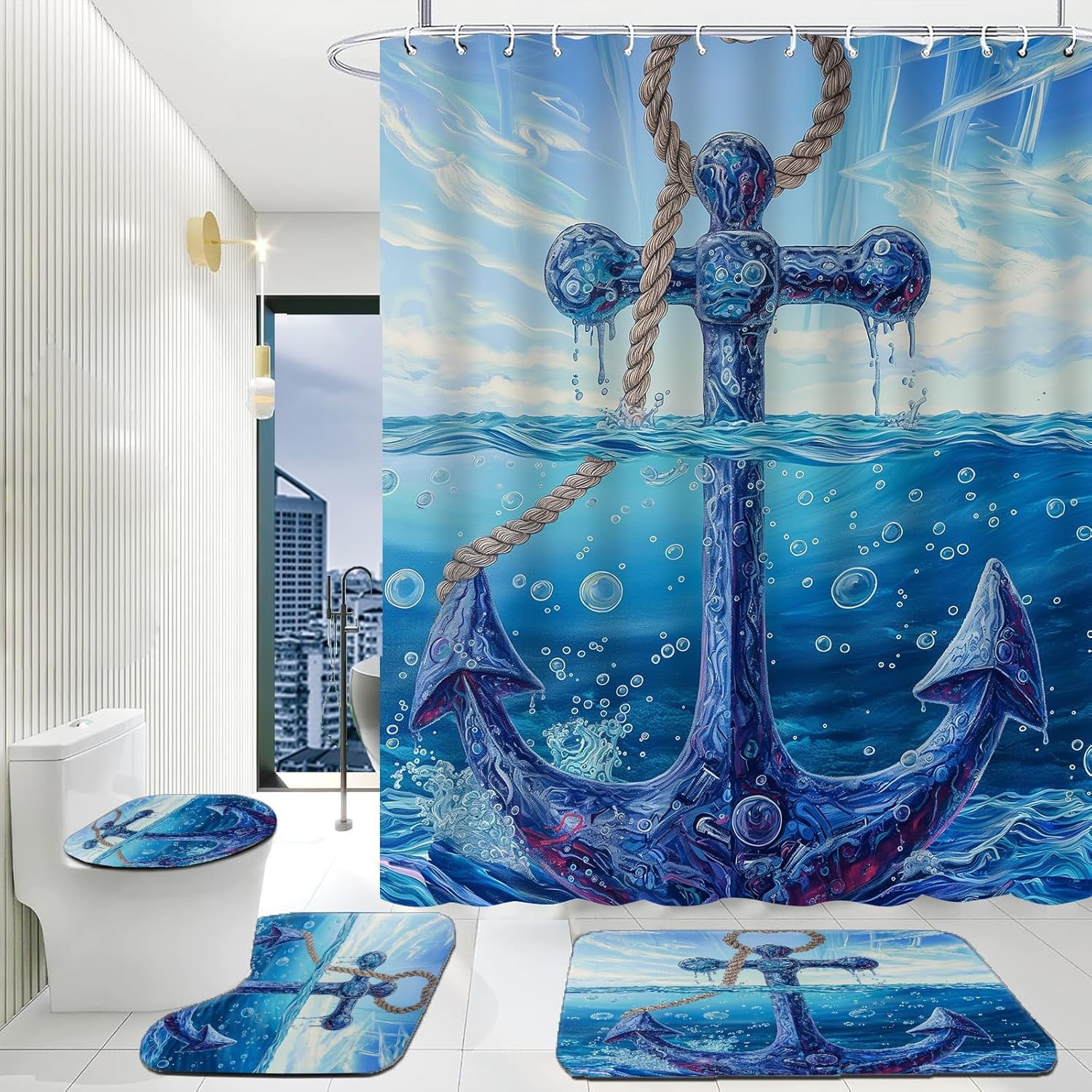 4 Pcs Colorful Otter Bathroom Set with Waterproof Fabric Shower Curtain ...