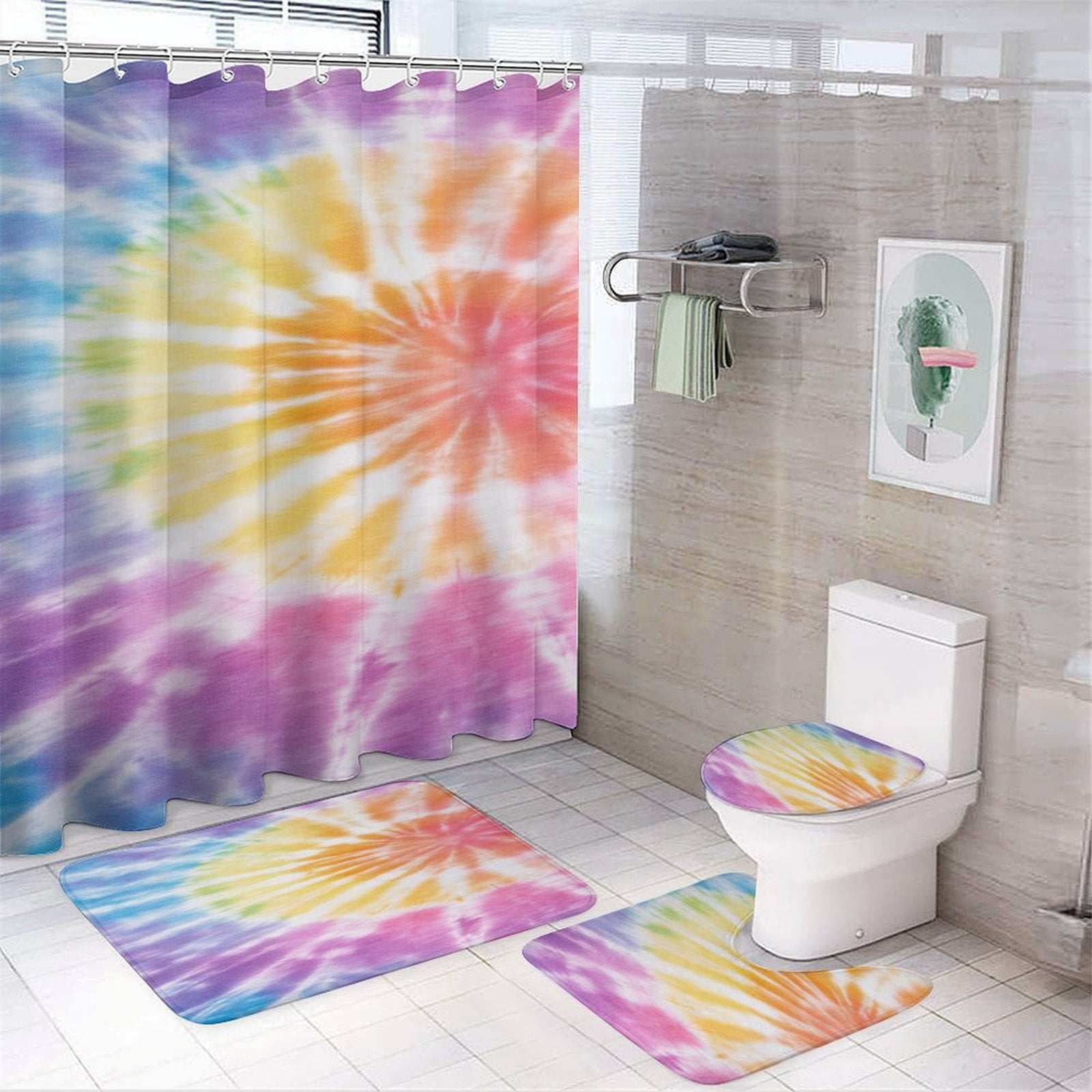 4 Pcs Colorful Tie Dye Vortex Shower Curtain Set with Non-Slip Rugs ...