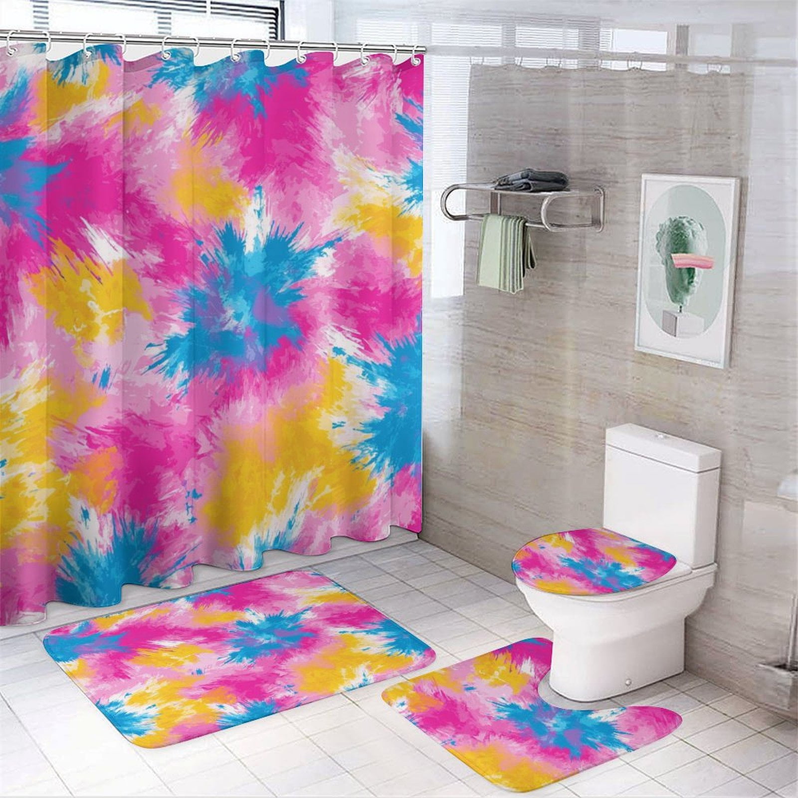 4 Pcs Colorful Tie Dye Vortex Shower Curtain Set with Non-Slip Rugs Bathroom Set Bathroom Carpet ...