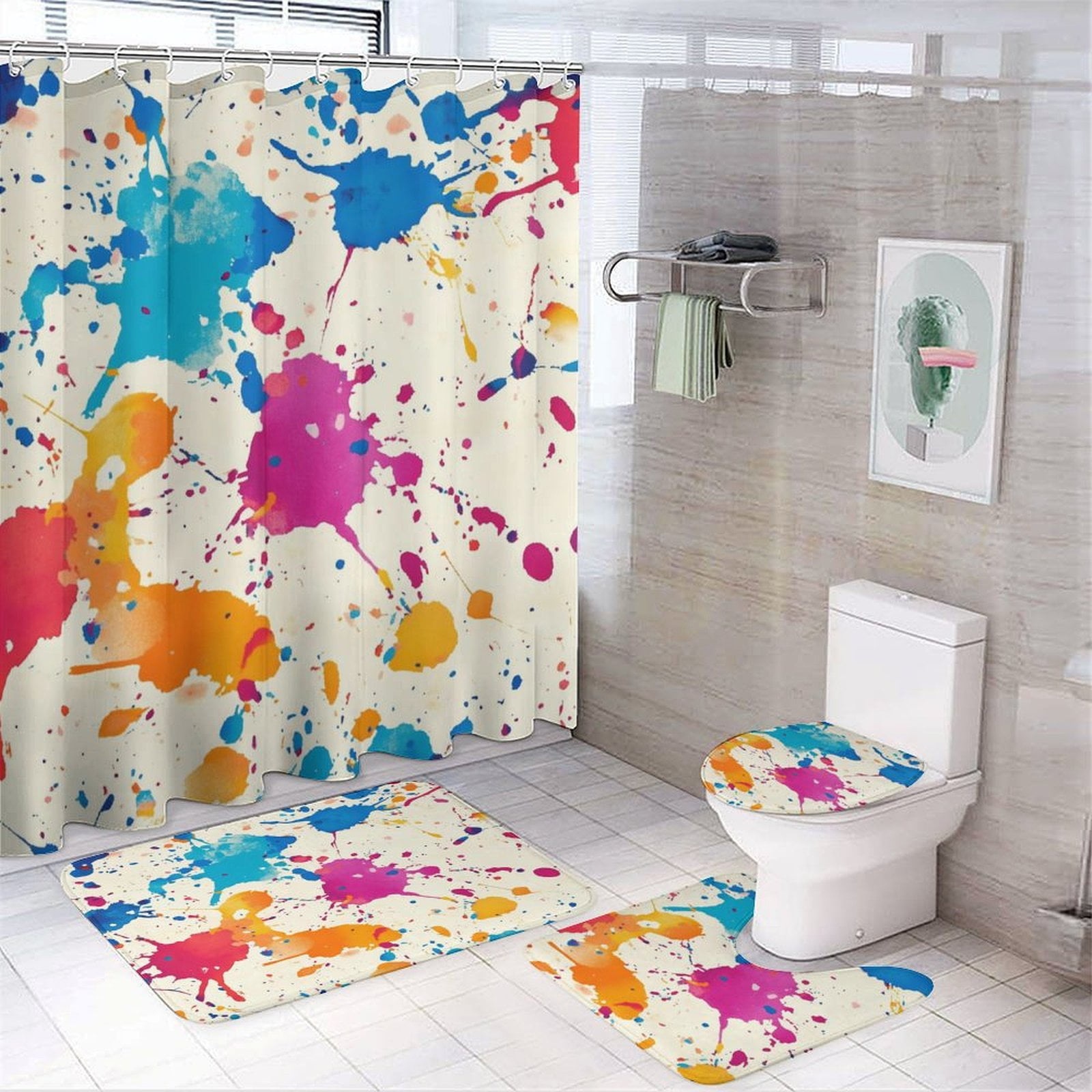 4 Pcs Colorful Tie Dye Vortex Shower Curtain Set with Non-Slip Rugs Bathroom Set Bathroom Carpet ...