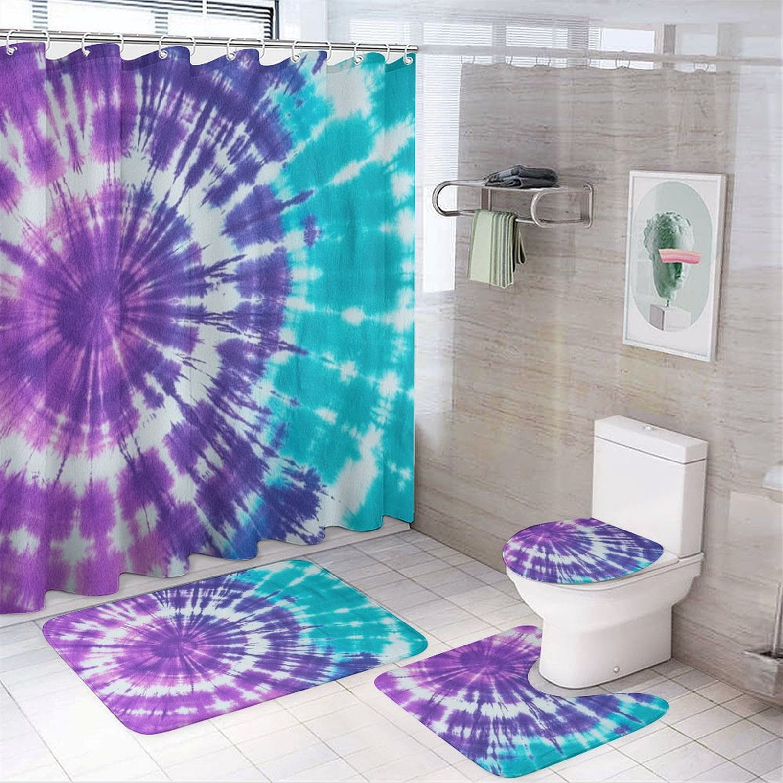 4 Pcs Colorful Tie Dye Vortex Shower Curtain Set with Non-Slip Rugs ...