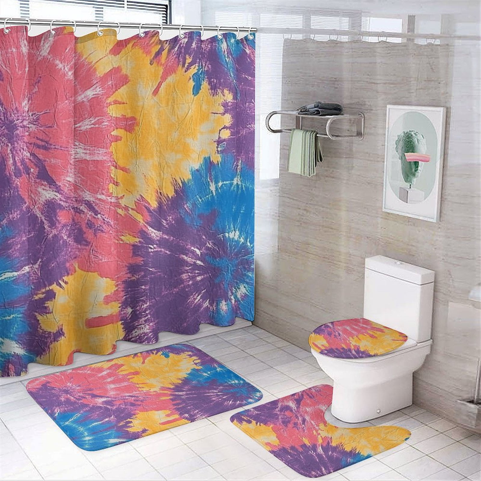 4 Pcs Colorful Tie Dye Vortex Shower Curtain Set with Non-Slip Rugs ...