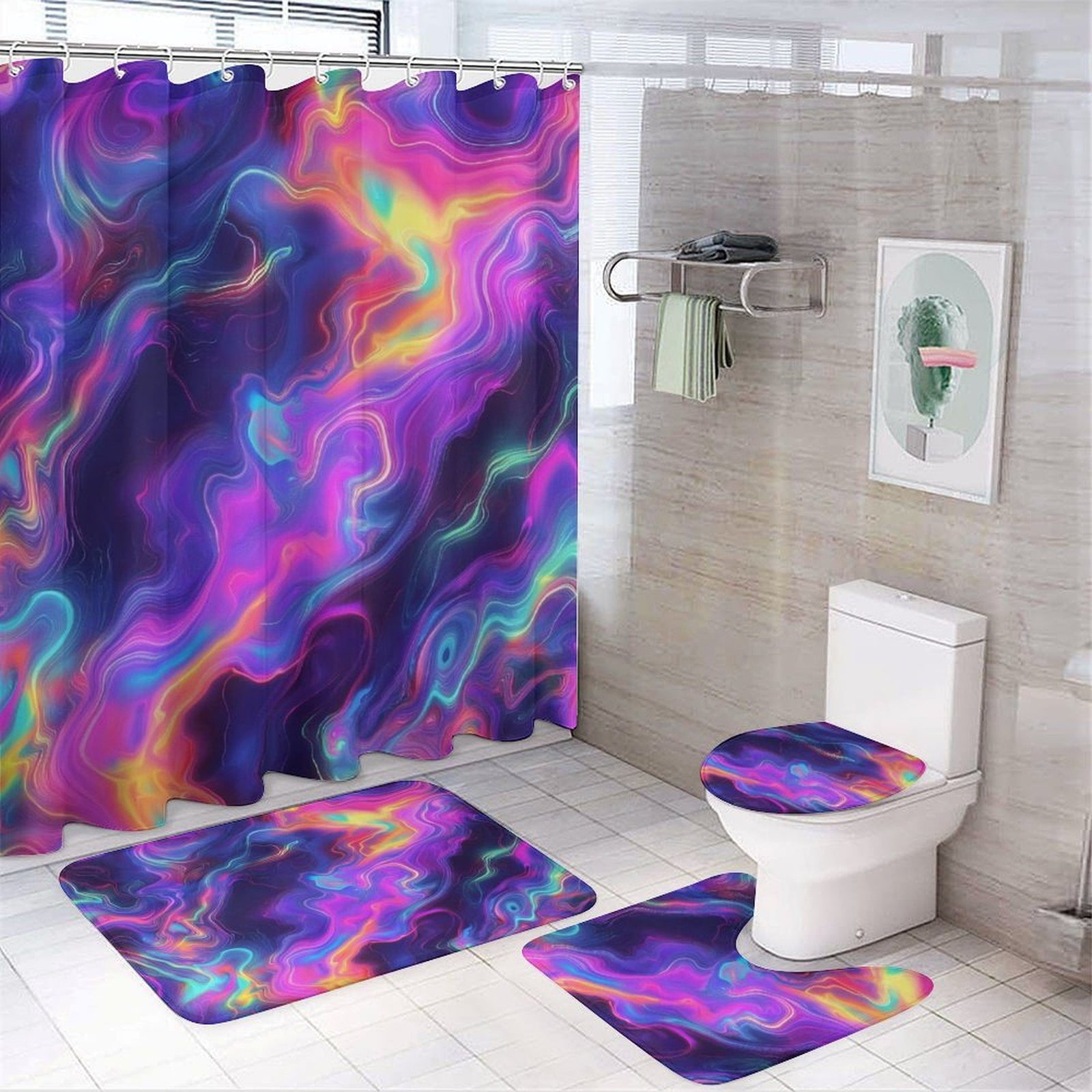 4 Pcs Colorful Tie Dye Vortex Shower Curtain Set with Non-Slip Rugs ...
