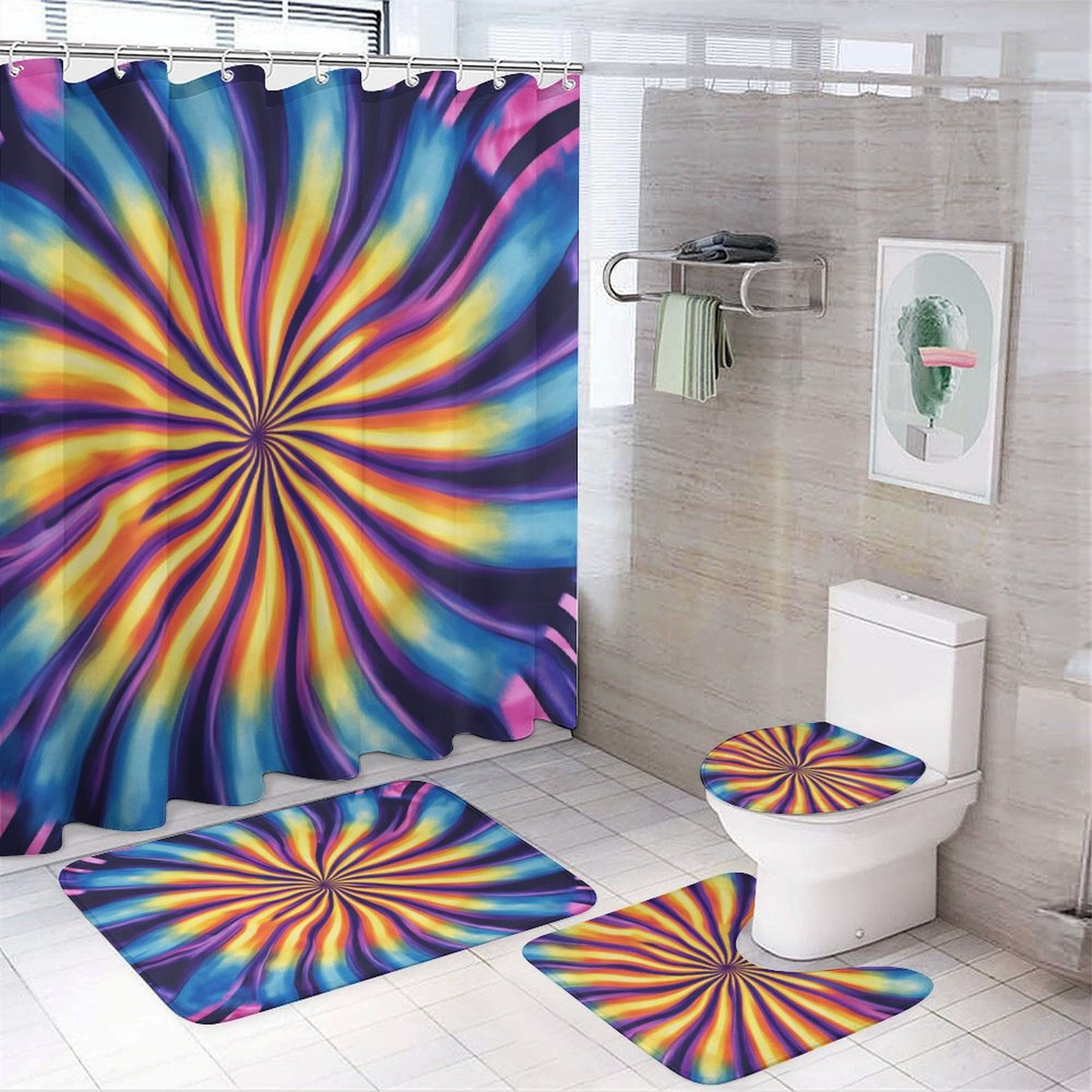 4 Pcs Colorful Tie Dye Vortex Shower Curtain Set with Non-Slip Rugs Bathroom Set Bathroom Carpet ...