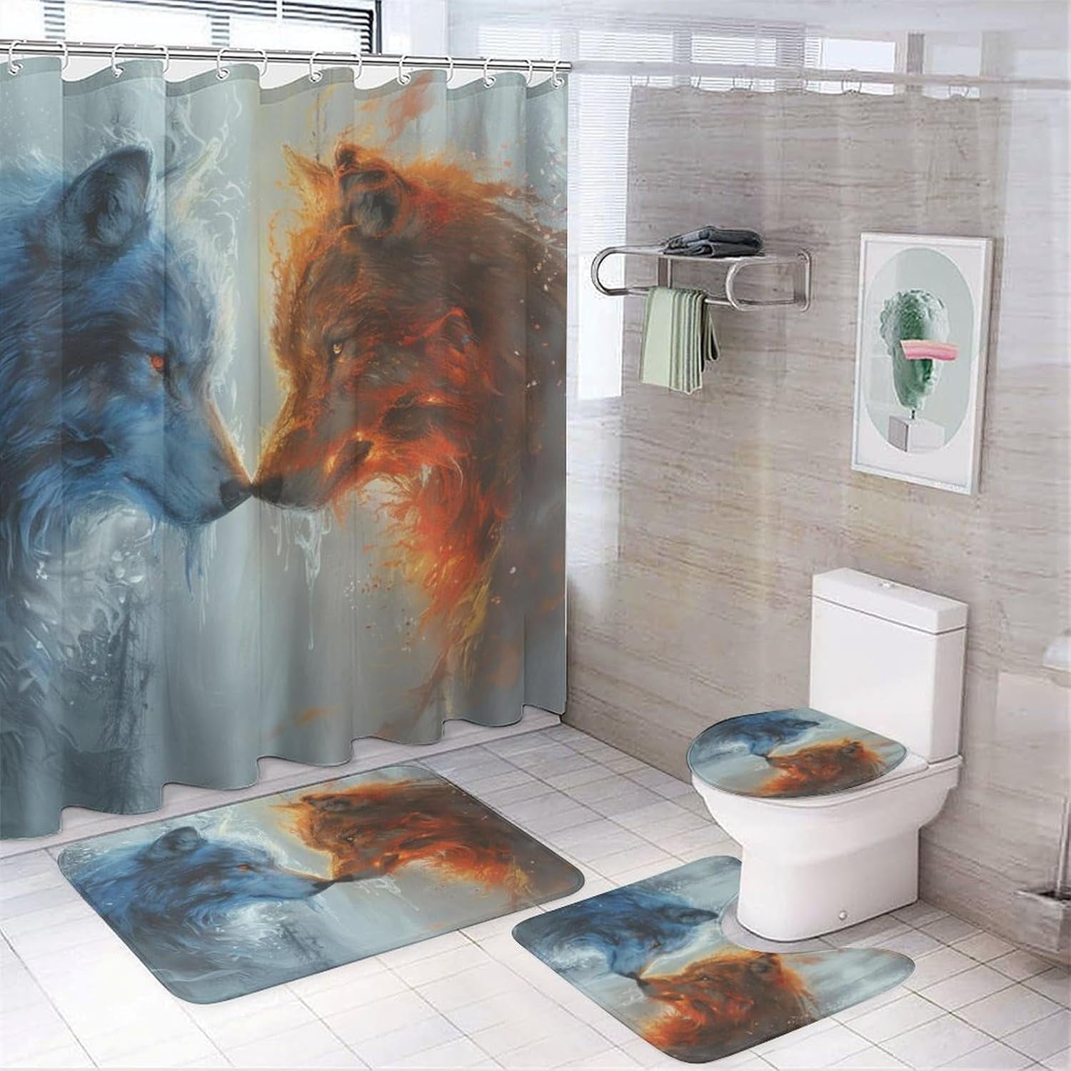 4 Pcs Cool Ice Fire Themed Wolf Shower Curtain Set,Modern Abstract ...