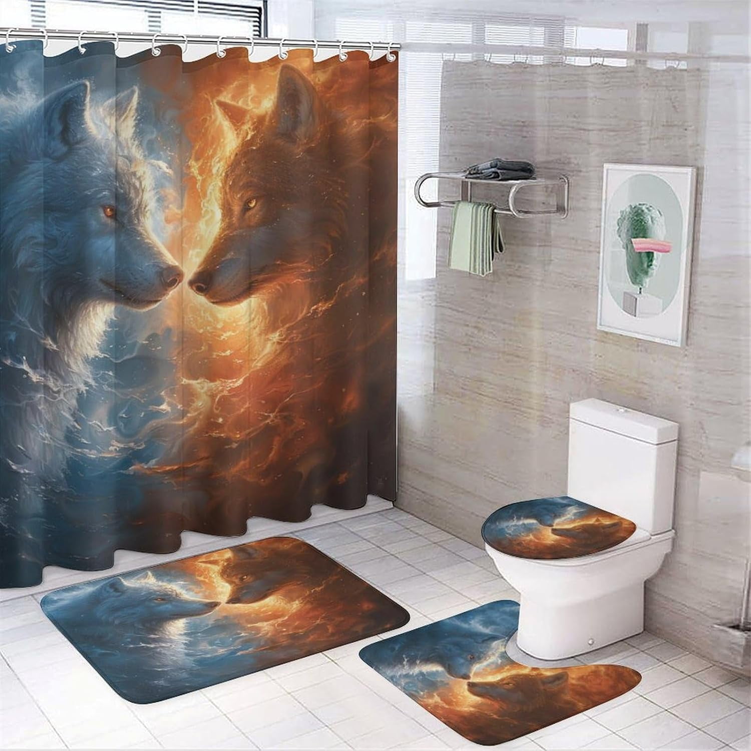 4 Pcs Cool Ice Fire Themed Wolf Shower Curtain Set,Modern Abstract ...