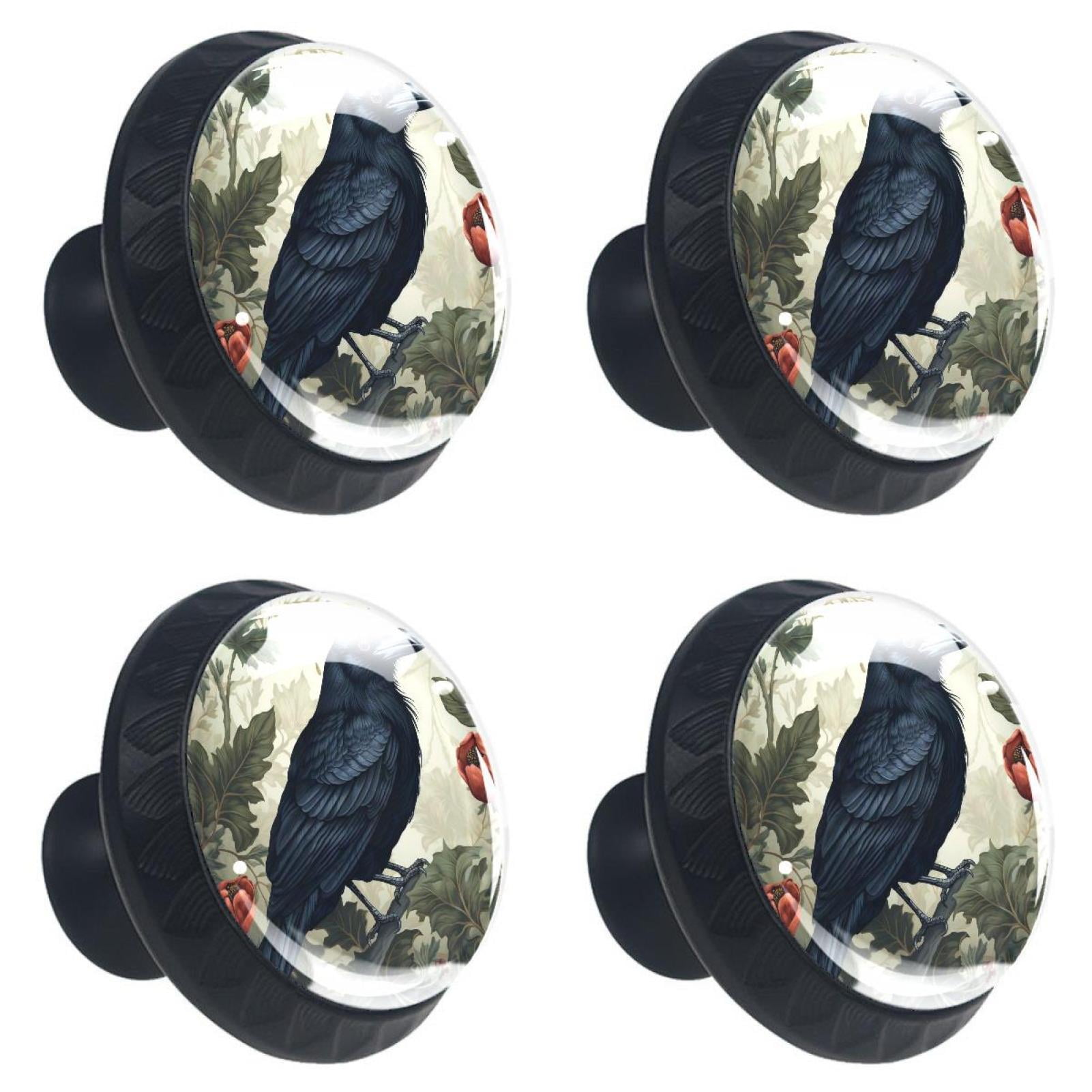 4 Pcs Crow Print Cabinet Knobs 30mm Round Crystal Glass Drawer Handles ...