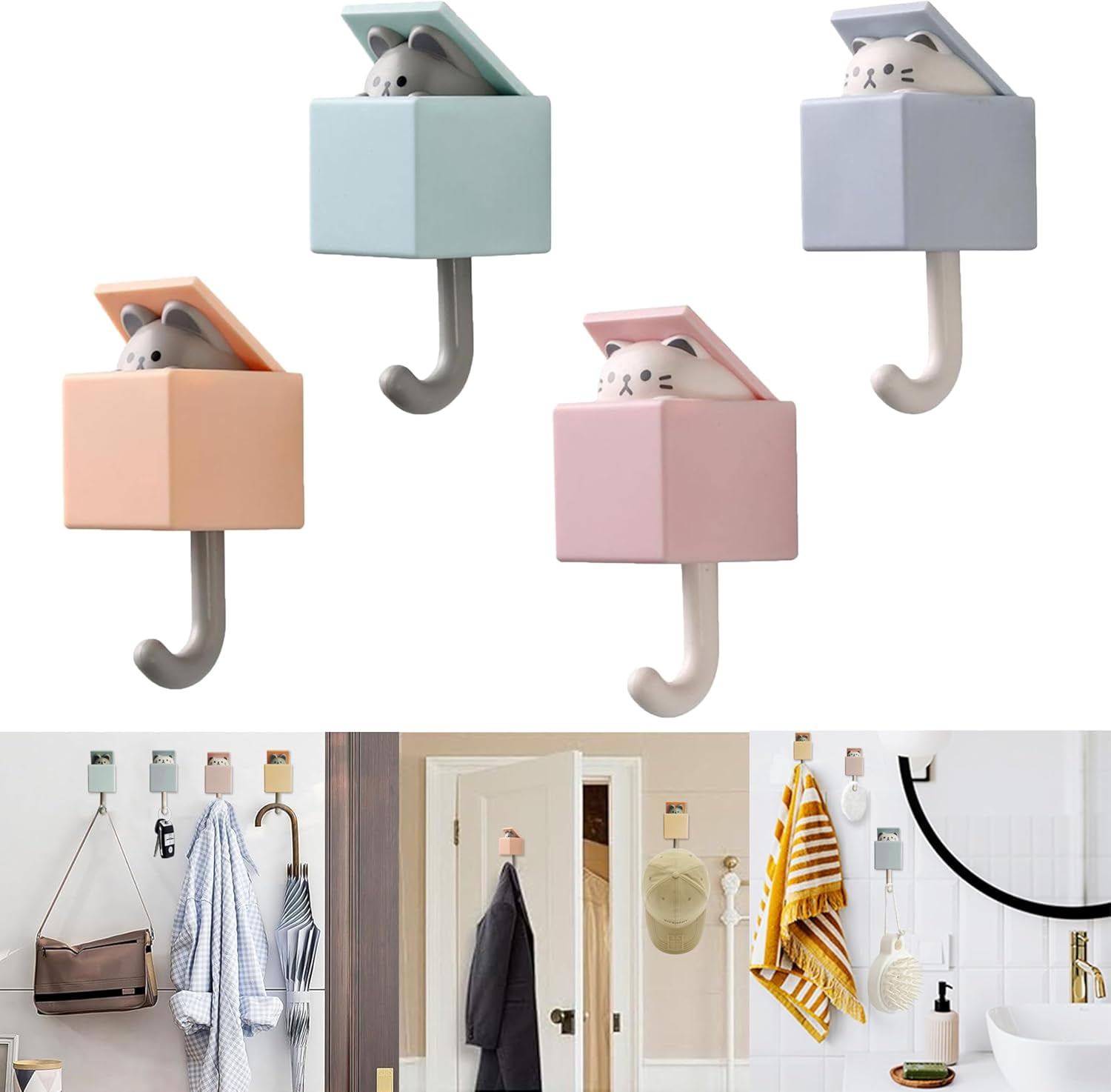 4 Pcs Cute Adhesive Wall Hooks for Coats,Towel,Robes,Bag,Key,Heavy Duty ...