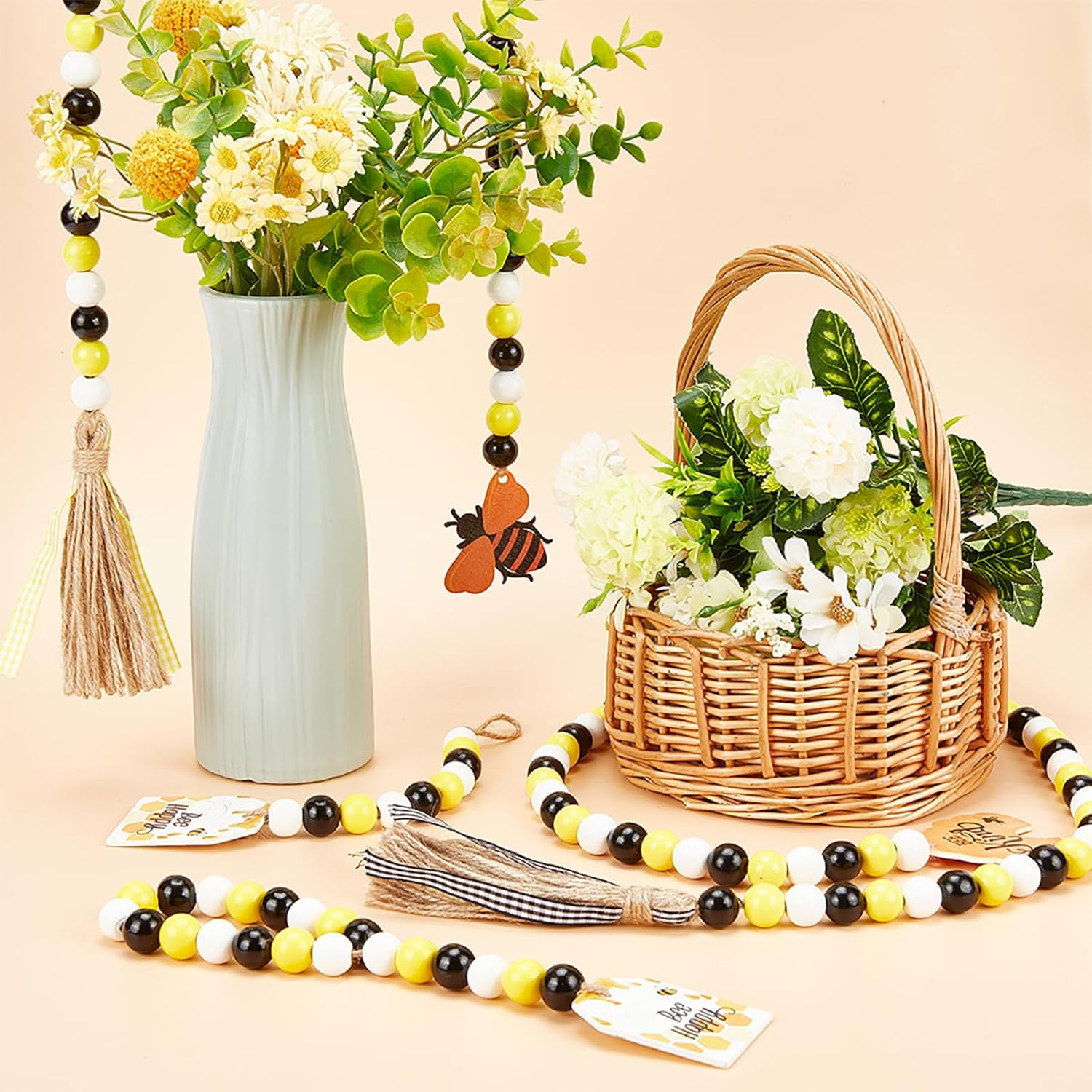 4 Pcs Cute Bee Wood Beaded Garlands with Tassels Rustic Bee Sign ...
