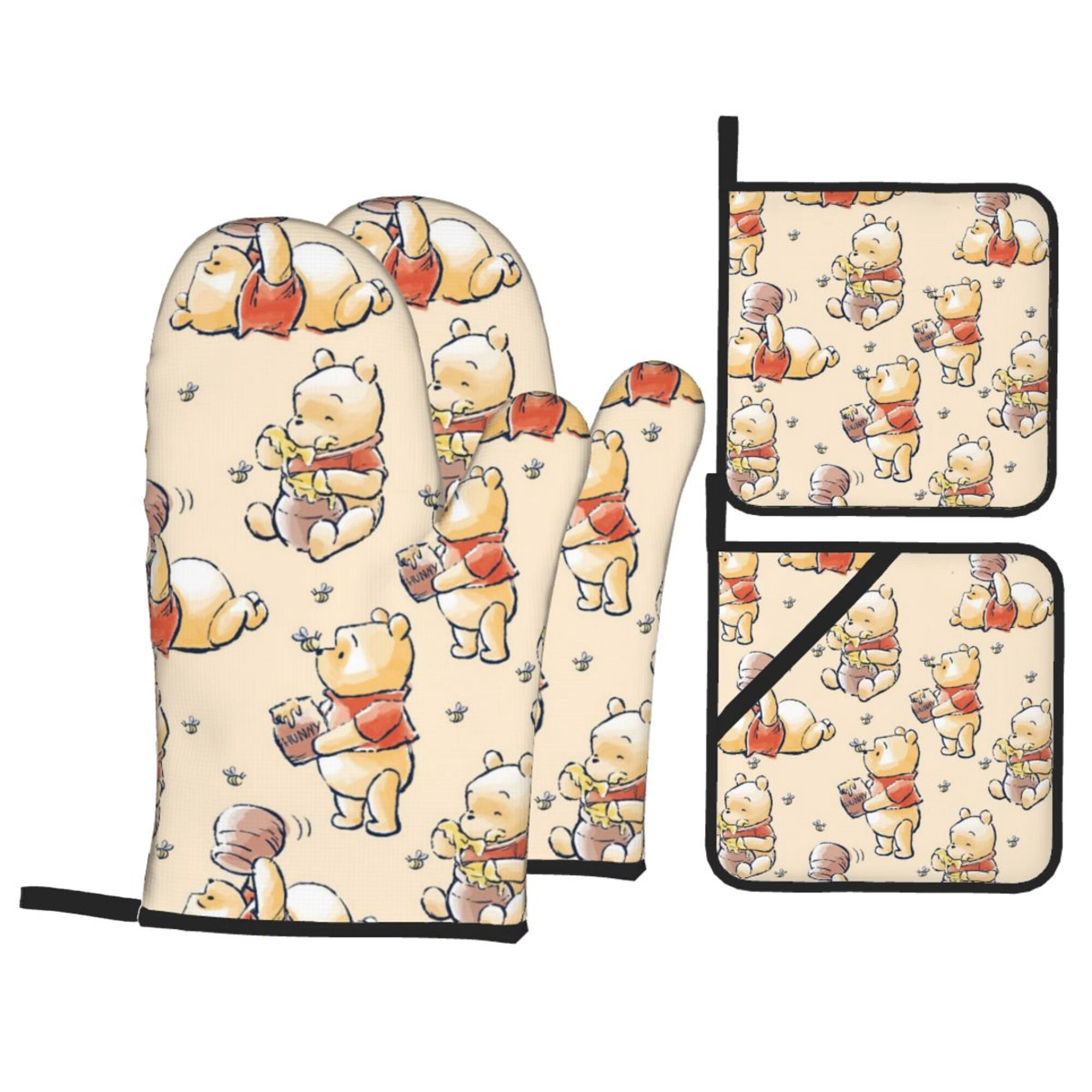 4 Pcs Cute Cartoon Bear Print Oven Mitts and Pot Holders Set Oven Glove ...