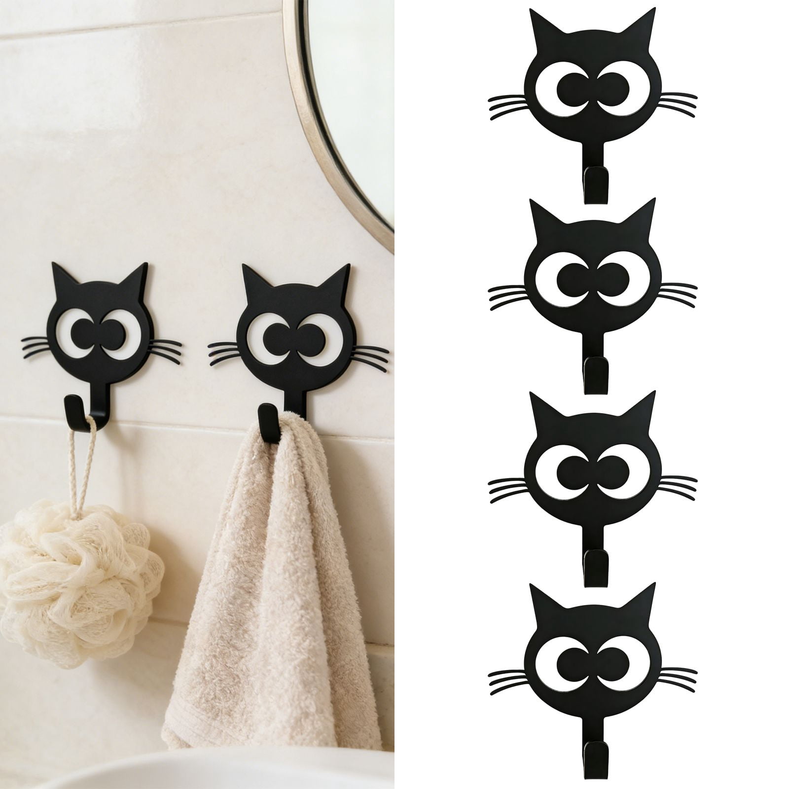 4 Pcs Cute Cat Metal Hooks Wall Mount Iron Black Decorative Wall ...