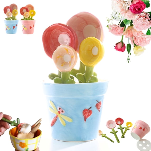 4 Pcs Cute Ceramic Flower Measuring Spoons Set with Base,Flower Pot ...