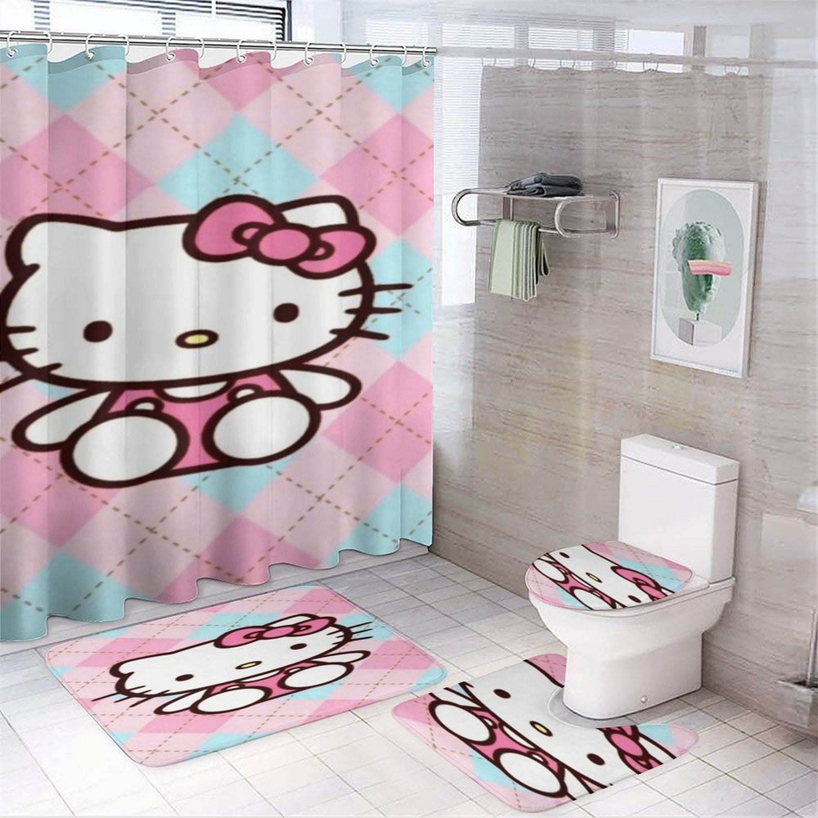 4 Pcs Cute HELLO KITTY Shower Curtain Set with Non-Slip Rugs, Toilet ...