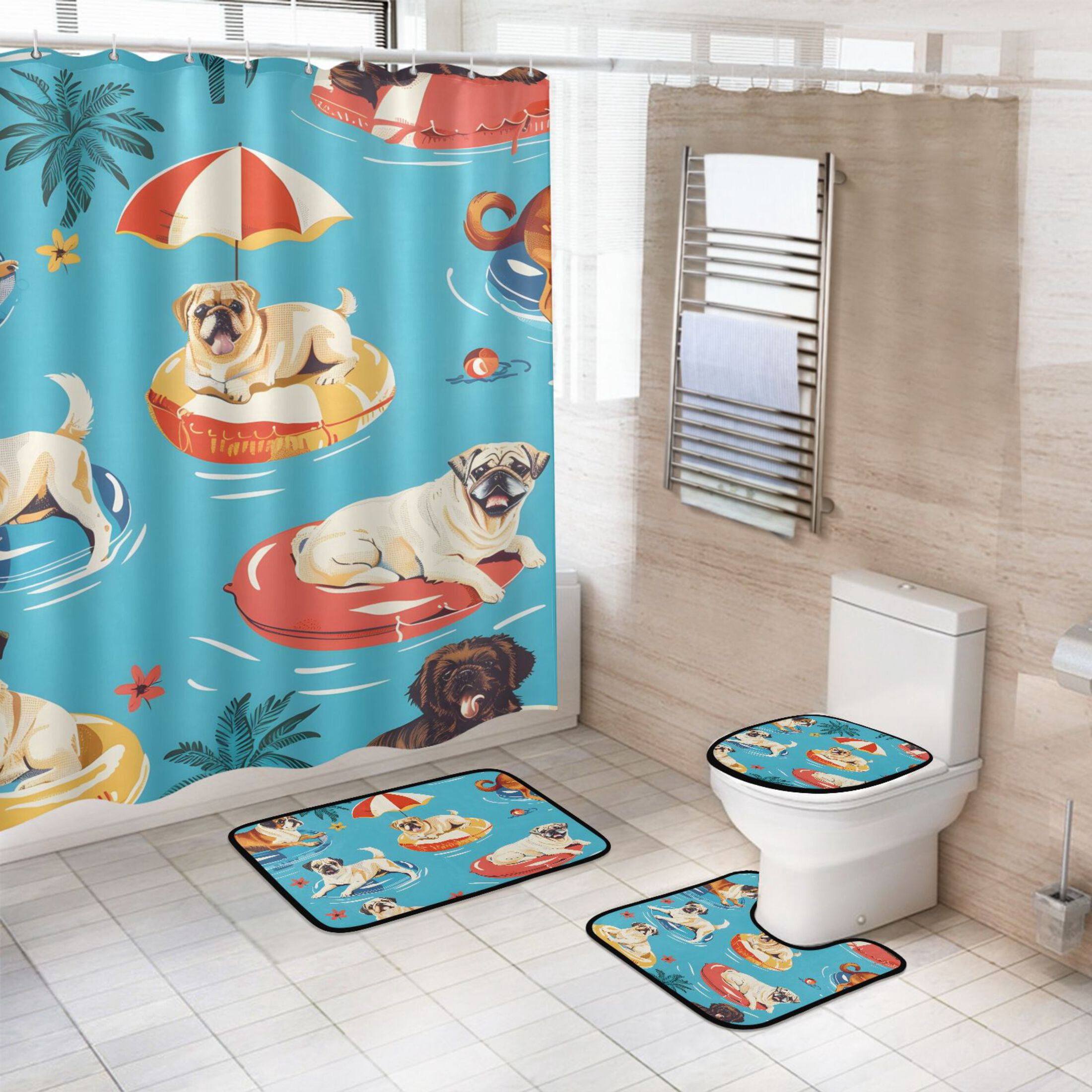 4 Pcs Cute Puppies Dog Tropical Bathroom Shower Curtain Set with 12 ...