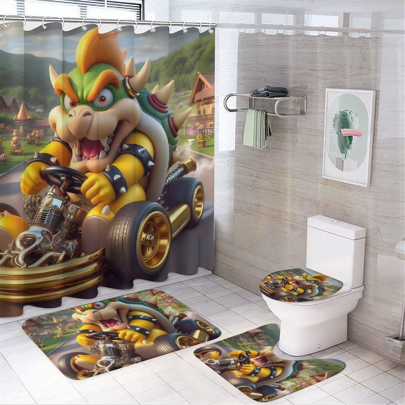 4 Pcs Cute Super Mario Shower Curtain Set with Non-Slip Rugs, Toilet ...