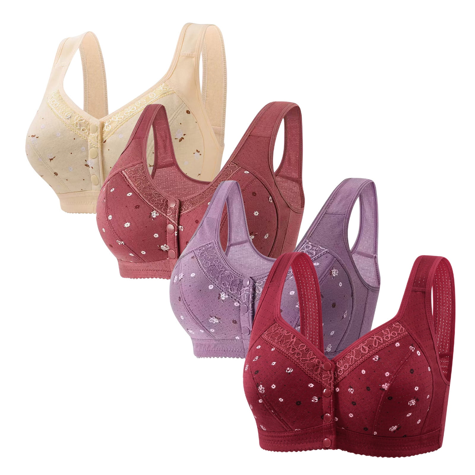 4 Pcs Daisy Bras for Older Women Front Closure No Wire Bra Comfortable ...
