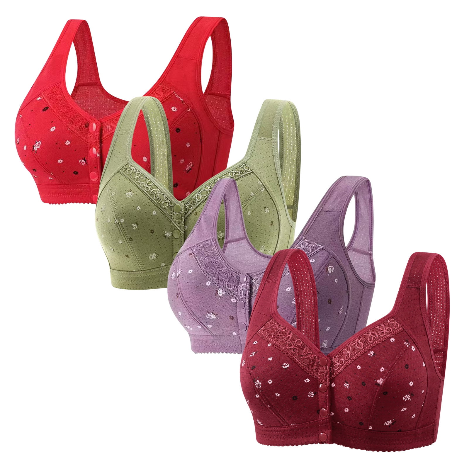 4 Pcs Daisy Bras for Older Women Front Closure No Wire Bra Comfortable ...