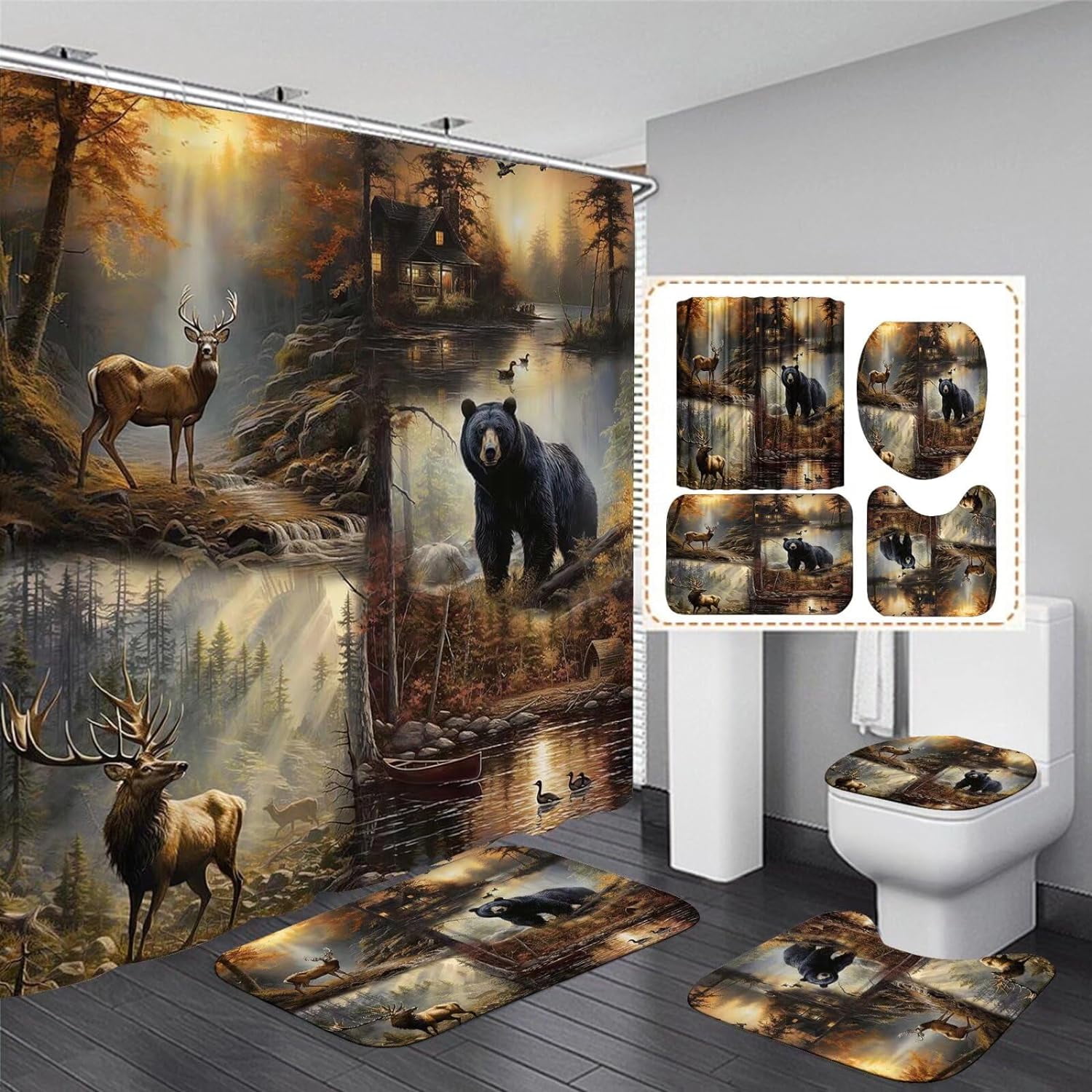 4 Pcs Deer Elk Moose and Black Bear Shower Curtain Set Rustic Cabin ...