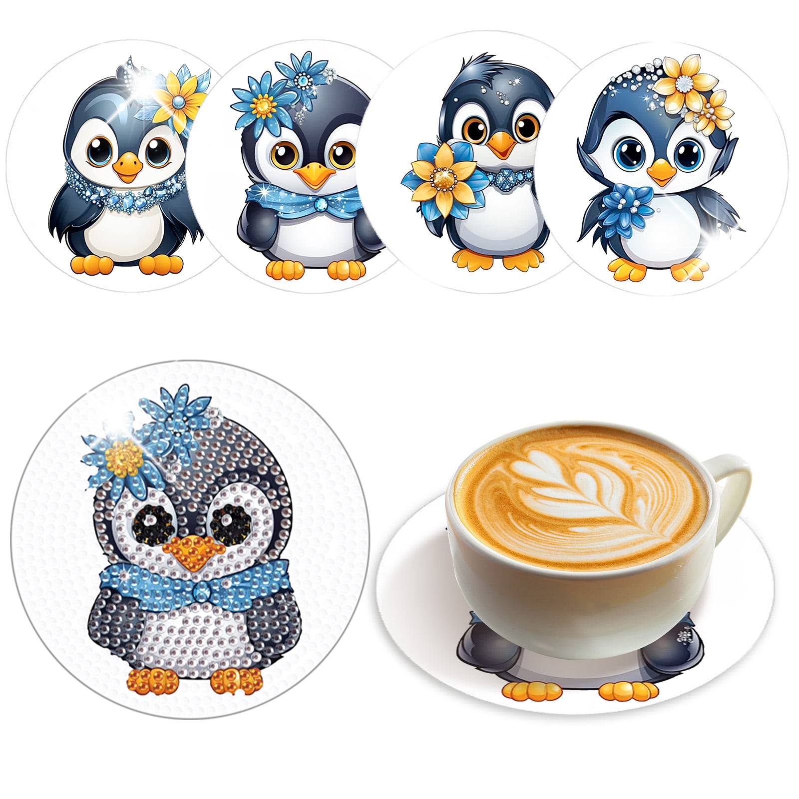 4 Pcs Diamond Painting Wooden Coasters, DIY Diamond Art Animal Penguin ...