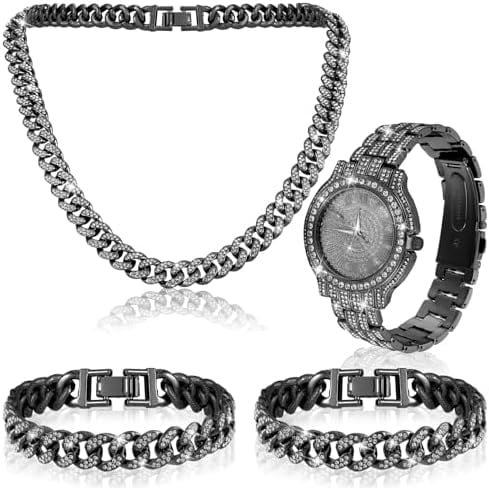 4 Pcs Diamond Watch Cuban Link Chain Men Watch Set Halloween Costumes ...
