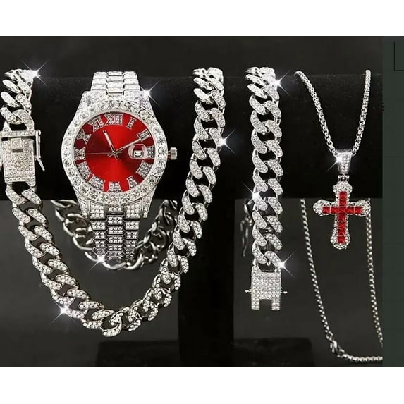4 Pcs Diamond Watch Cuban Link Chain Men Watch Set Halloween Costumes ...