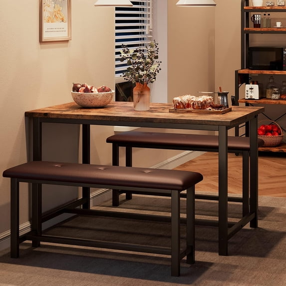 4 Pcs Dining Table Set with 2 Upholstered Benches 44.3in Metal and Wood ...