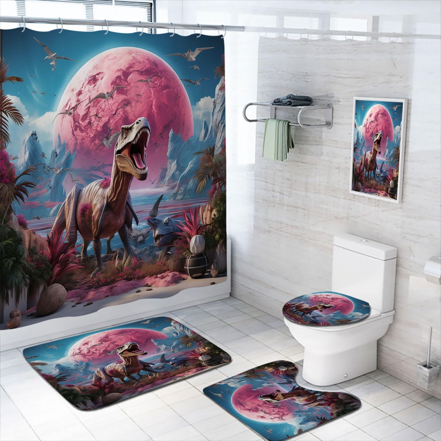 4 Pcs Dinosaur Shower Curtain Set with Rug, Toilet Lid Cover and Bath ...