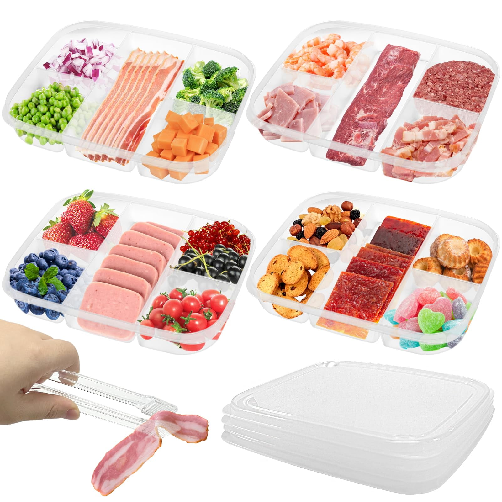 4 Pcs Divided Veggie Tray with Lid and Food Clip, 5 Compartment ...