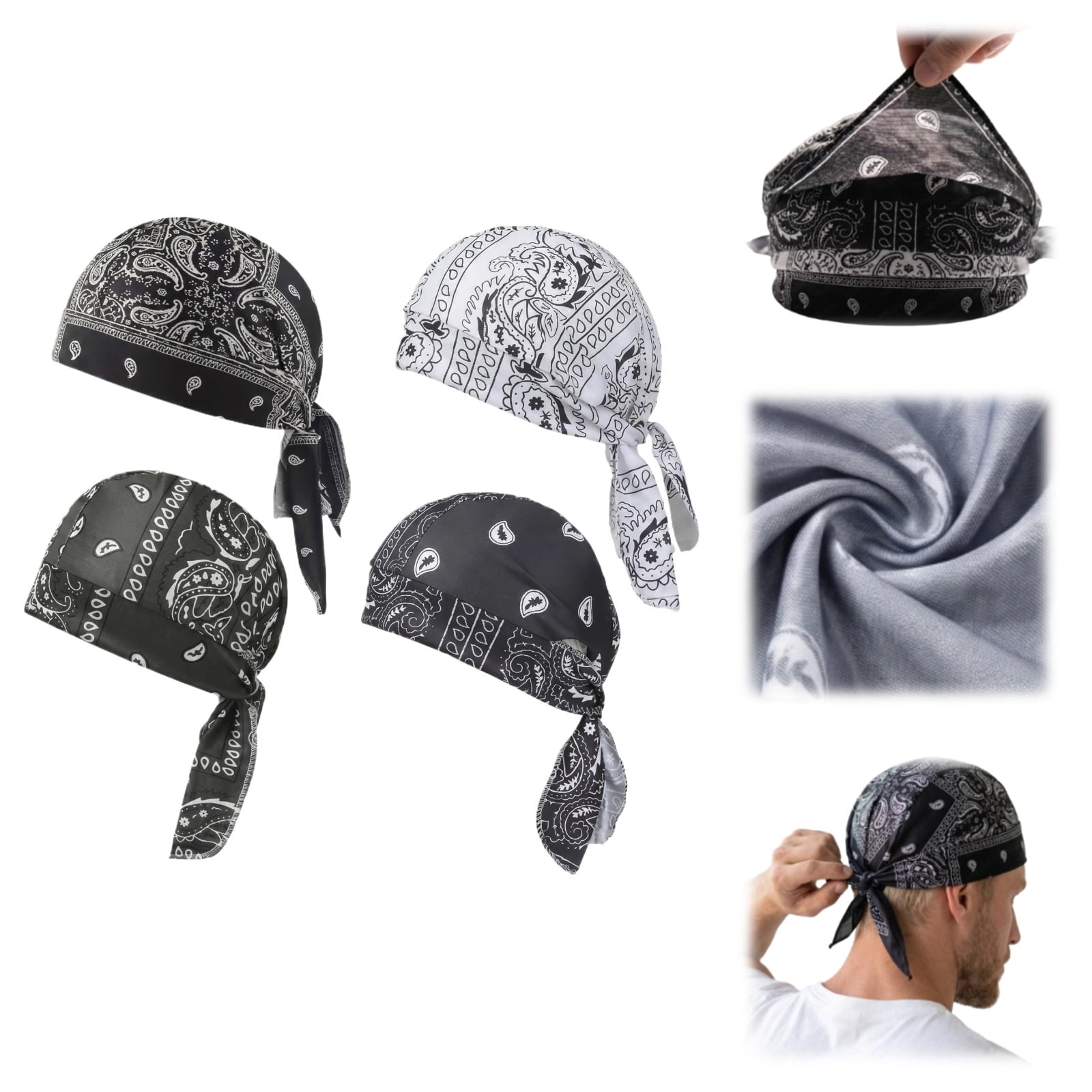 4 Pcs Do Rags for Men Women Skull Cap Durag Cashew Print Hat Beanie ...