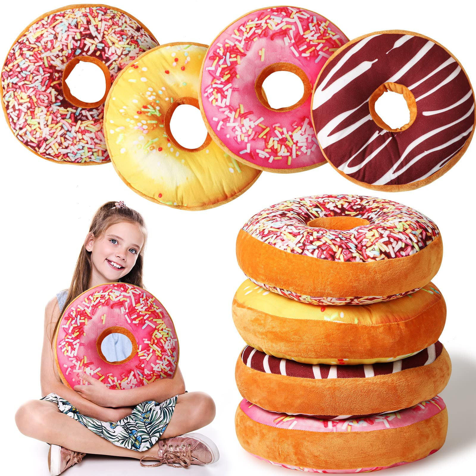 4 Pcs Donut Pillow 3D Digital Print Round Pillow 16 Inches Donut Seat ...