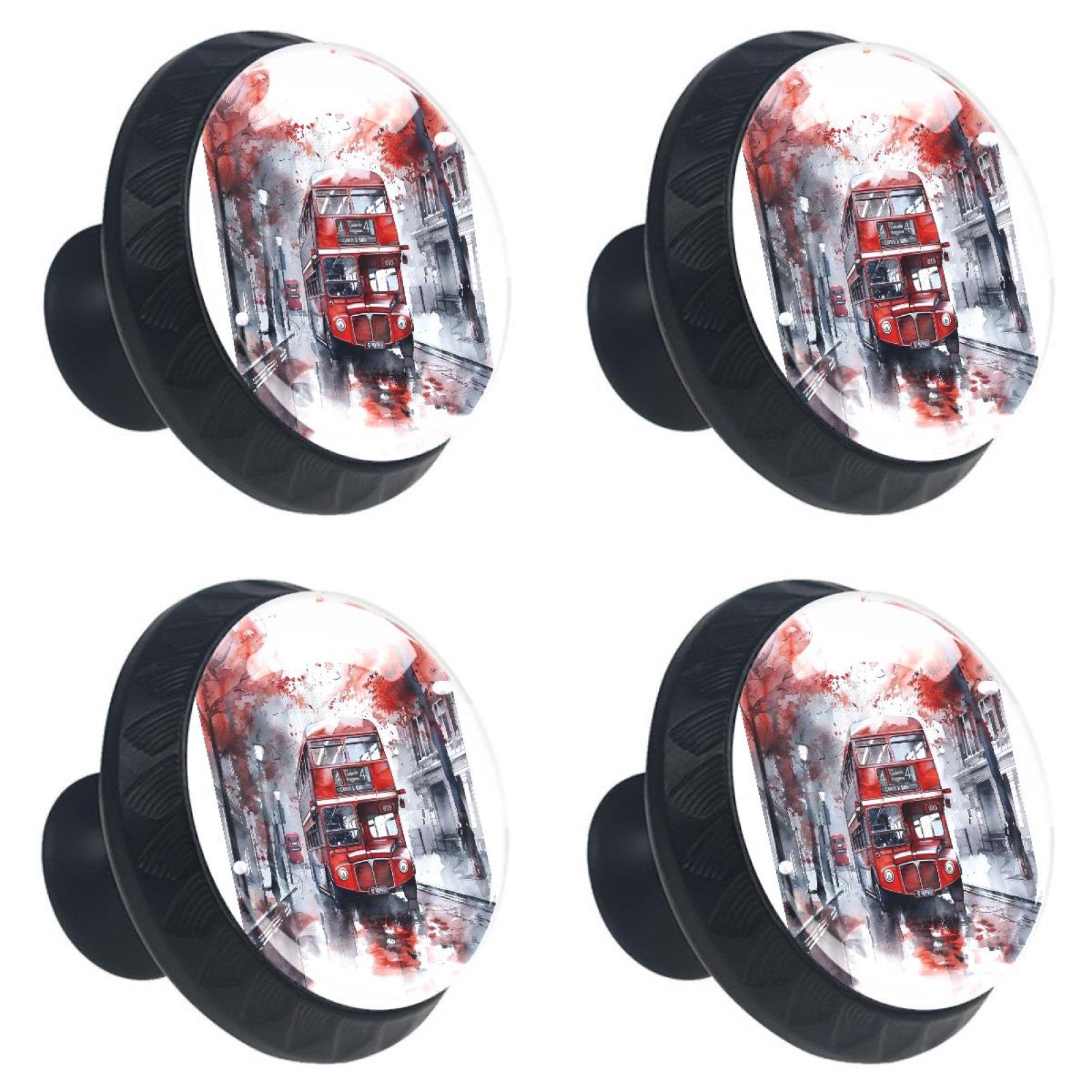 4 Pcs Double Decker Red Bus Print Cabinet Knobs 30mm Round Crystal ...