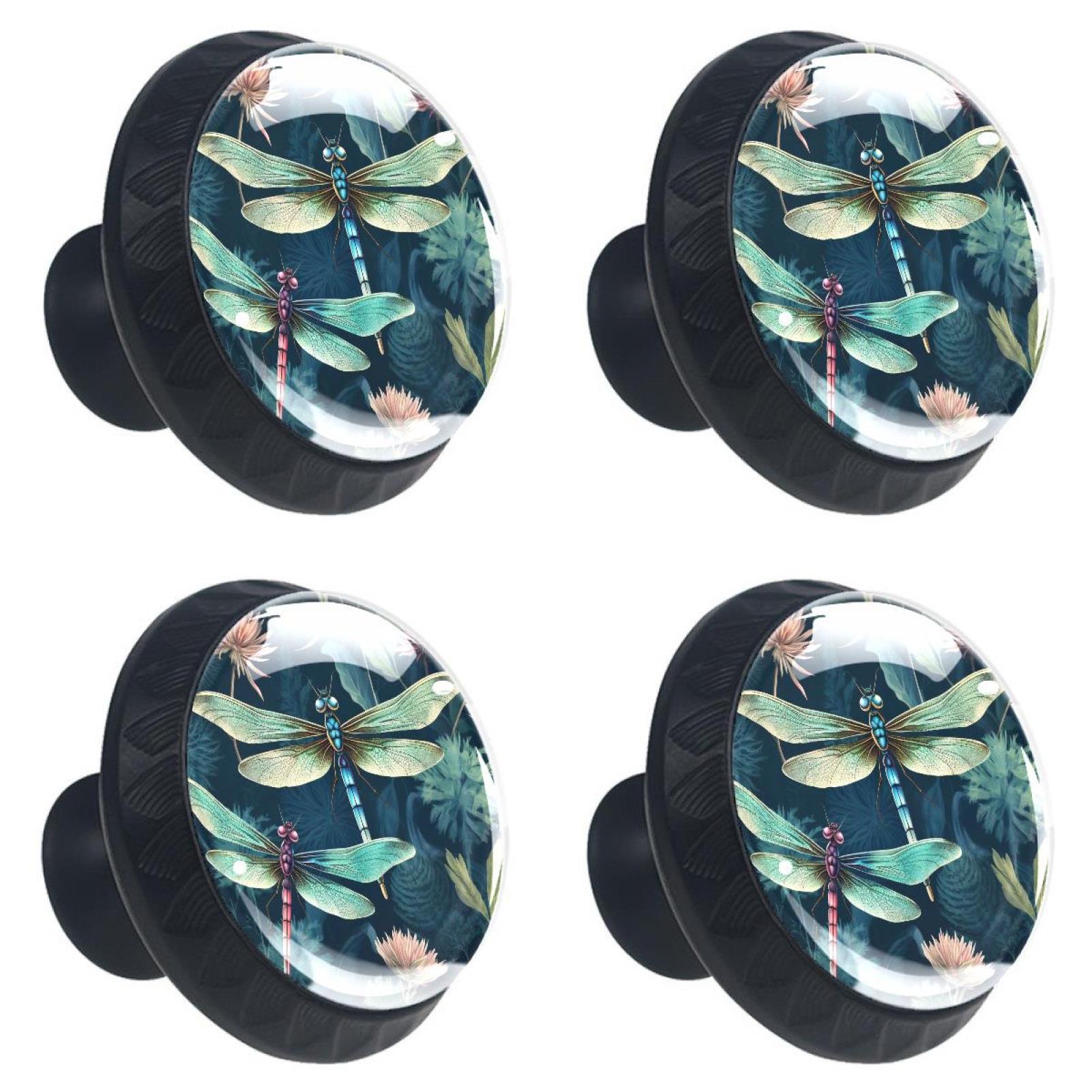 4 Pcs Dragonfly Print Cabinet Knobs 30mm Round Crystal Glass Drawer ...