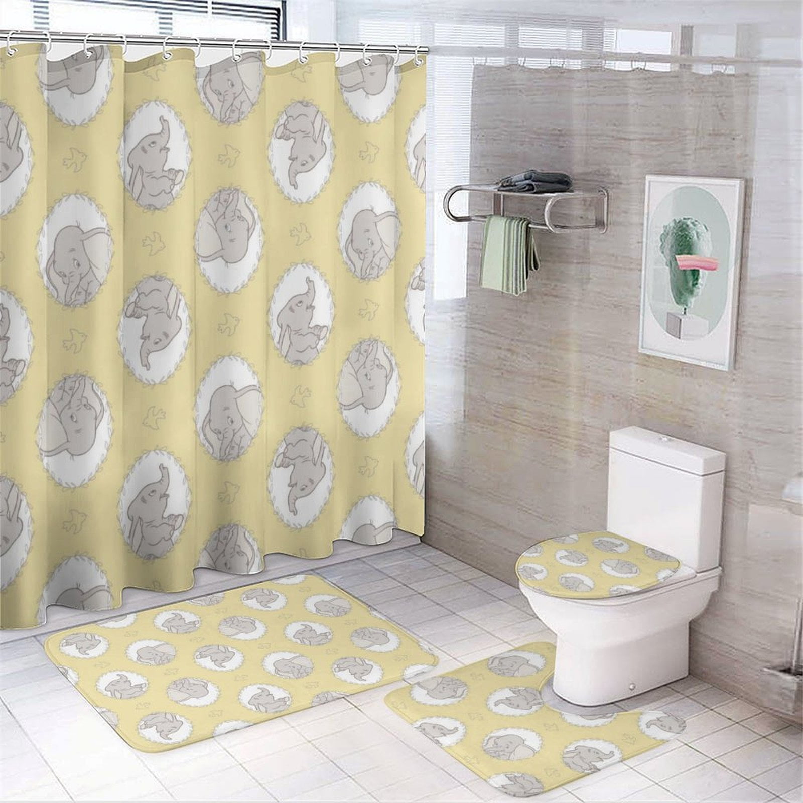 4 Pcs Dumbo Bathroom Set with Shower Curtain with Non-Slip Rugs, Toilet ...