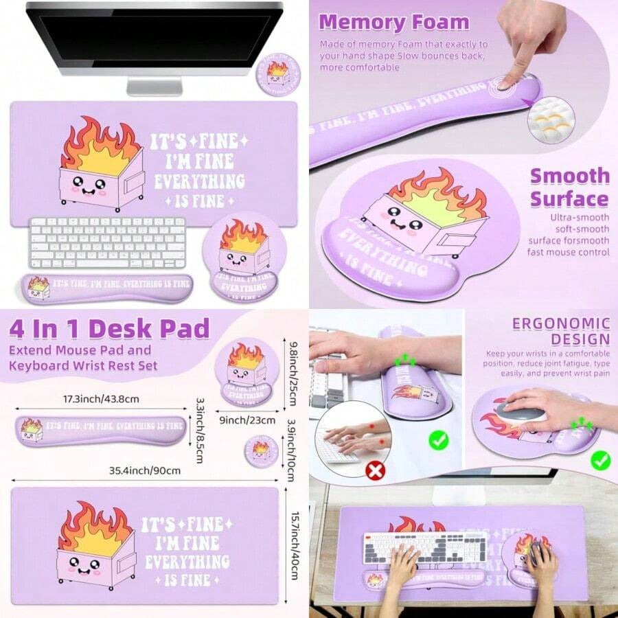 4 Pcs Dumpster Mouse Pad Kit, Purple Cute Ergonomic Wrist Rest for ...