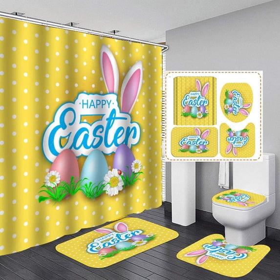 4 Pcs Easter Day Shower Curtain with Bath Rugs Sets, Rustic Funny ...