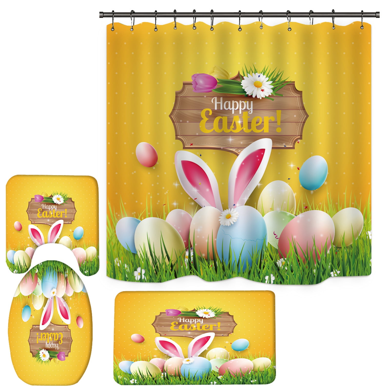 4 Pcs Easter Shower Curtain Set with Non-Slip Rug, Toilet Lid Cover and ...