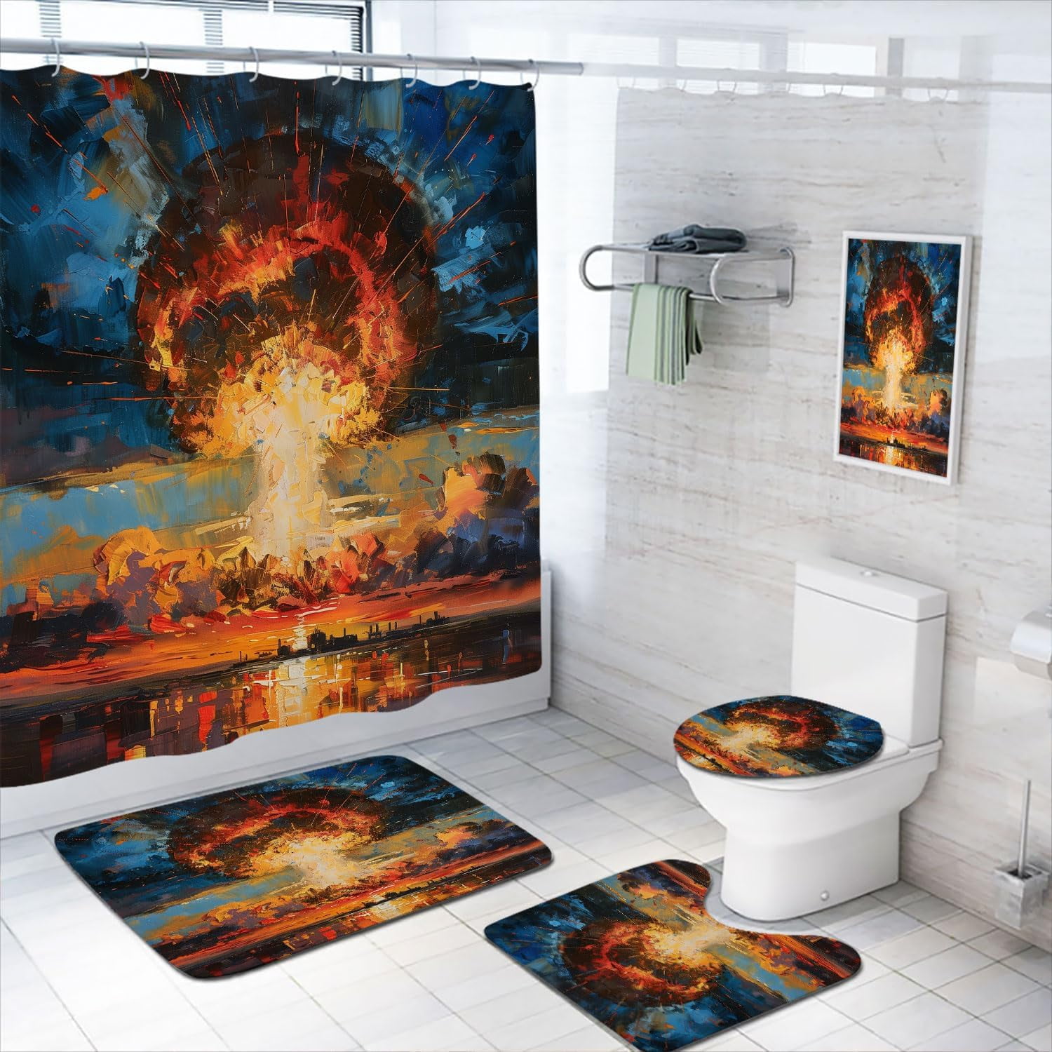 4 Pcs Elements Explode Shower Curtain Set with Rugs,Toilet Lid Cover ...