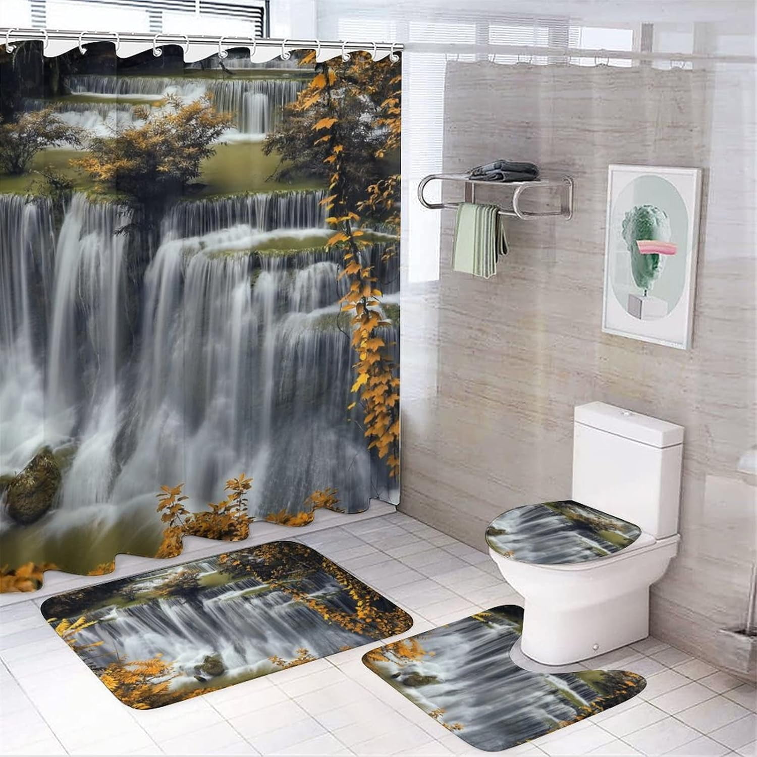 4 Pcs Fall Waterfall Shower Curtain Set Bathroom Sets with Rugs ...