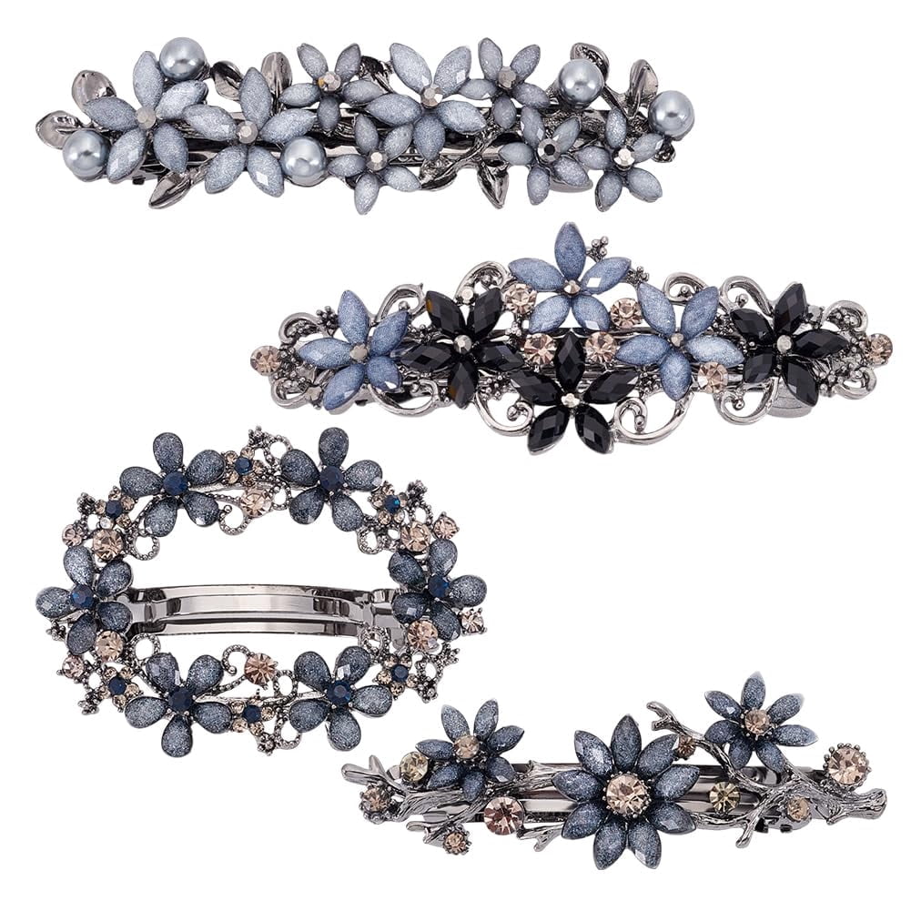 4 Pcs Fancy Barrettes for Women's Hair Gunmetal Vintage Rhinestone Hair ...