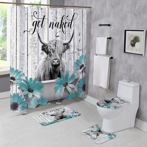 4 Pcs Farmhouse Cow Shower Curtain Sets with Rugs Wooden Bathroom Set ...